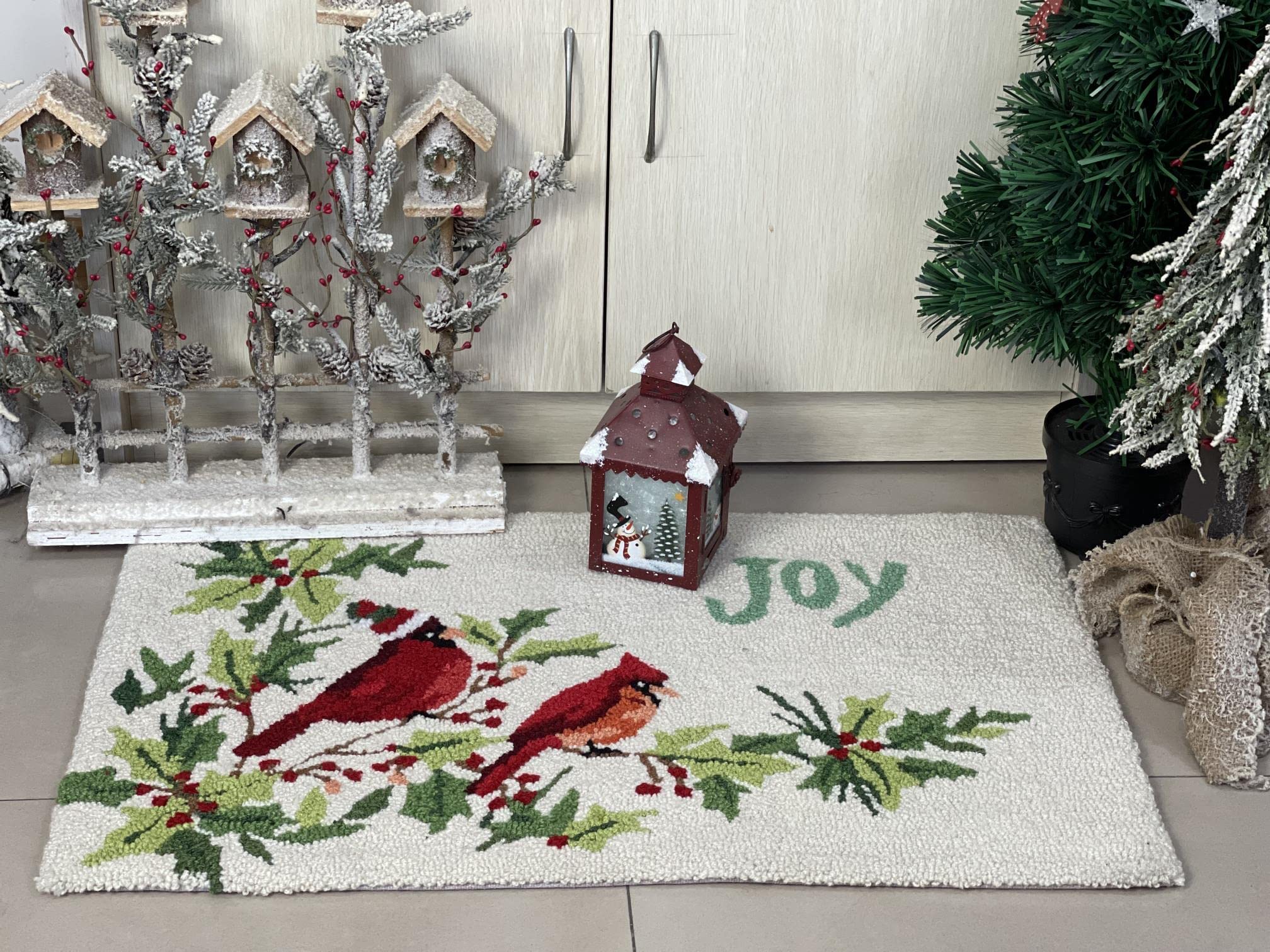 EZ.enjoy Winter Cardinal on Branch Holly Berries Joy Hand-Hooked Accent Rug 28.5 X 17 Inches for Holiday Christmas Home Decor