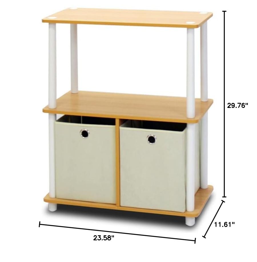 Furinno 99152BE/WH/IV 3-Tier Go Green Multipurpose Storage Rack Shelving Unit Bookshelf Cabinet with 2 Bins, Beech Finish