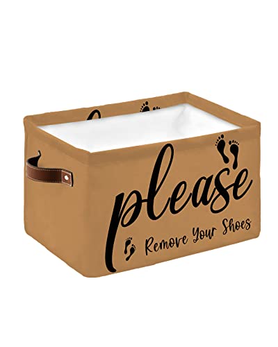 Please Remove Your Shoes Storage Basket Waterproof Cube Storage Bin Organizer with Handles, Farmhouse Brown Collapsible Storage Cubes Bins for Clothes Books Toys 15"x11"x9.5"