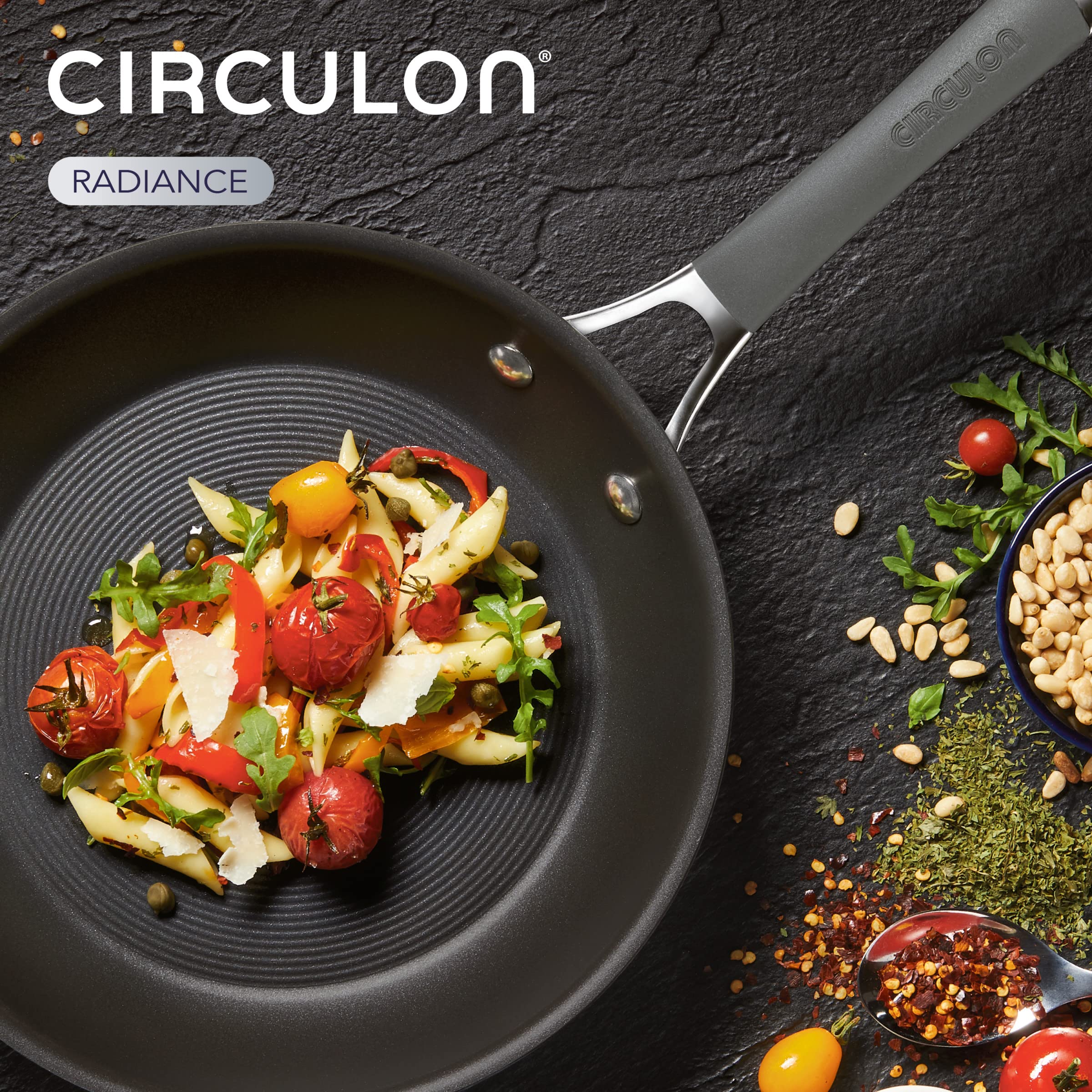 Circulon Radiance Deep Hard Anodized Nonstick Frying Pan - 12 Inch, Gray & 83906 Radiance Hard Anodized Nonstick Frying Pan with Helper Handle - 14 Inch, Gray