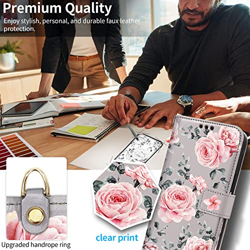 HOGGU iPhone 13 Pro Wallet Case - Magnetic Detachable iPhone 13 Pro Case Wallet with RFID Blocking Card Holder, Hand Strap, Floral Flower PU Leather Flip Cover Case for Women Girls(Gray)