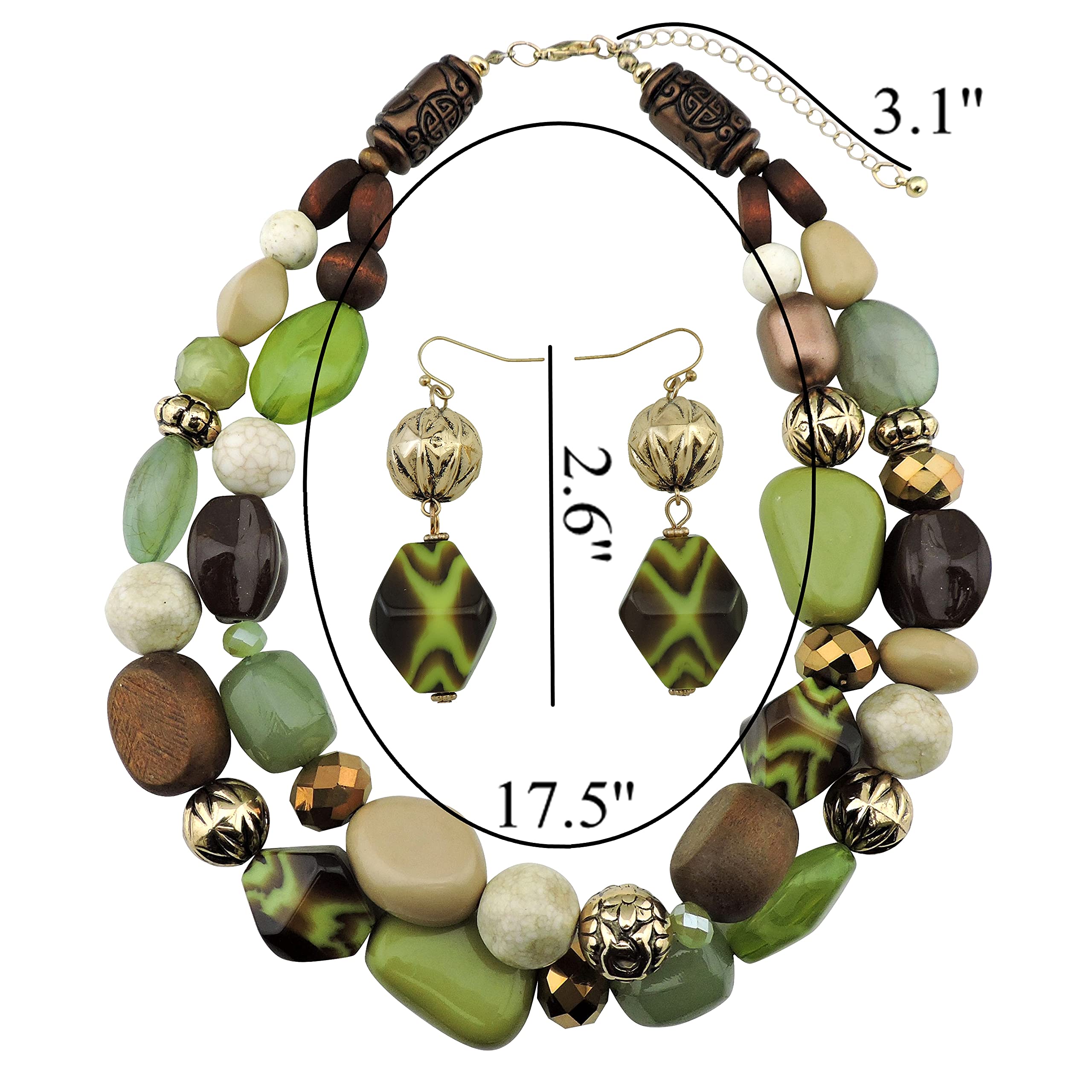 Bocar 2 Layer Statement Chunky Beaded Fashion Necklace Earrings Set for Women Gifts (NK-10384-olive-set)