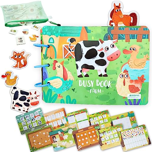 SpiritnSprout Montessori Busy Book for Toddlers 1-3 - Preassembled Busy Books for Toddlers 3-4 W/Zipper Pouch - Quiet Books for Toddlers 3-5 - Farm Montessori Busy Book Road Trip Activities for Kids