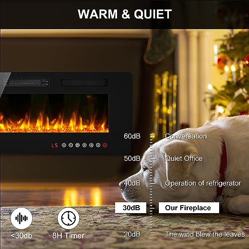 BREEZEHEAT 60inch Electric Fireplace Recessed Wall Mounted-Ultra Thin Fireplace Heater for Living Room/Bedroom with 2 Heat Vents, Remote Control, Touch Screen, Adjustable Flame, 8H Timer, 750w/1500w