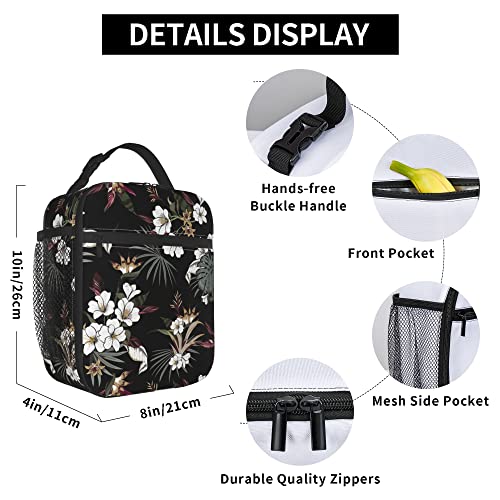 GAMSJM White Flower Lunch Box for Women, Black Insulated Lunch Bag
