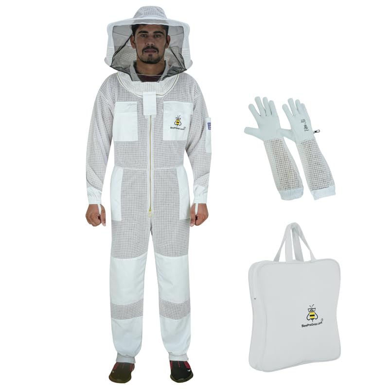 BeeProGear Ultra Ventilated Suit Round Veil White | Bee Keeping Suit with Round Veil Hat| Unisex Polycotton Beekeeper Suit | 3 Layer Protective Suit (Small)