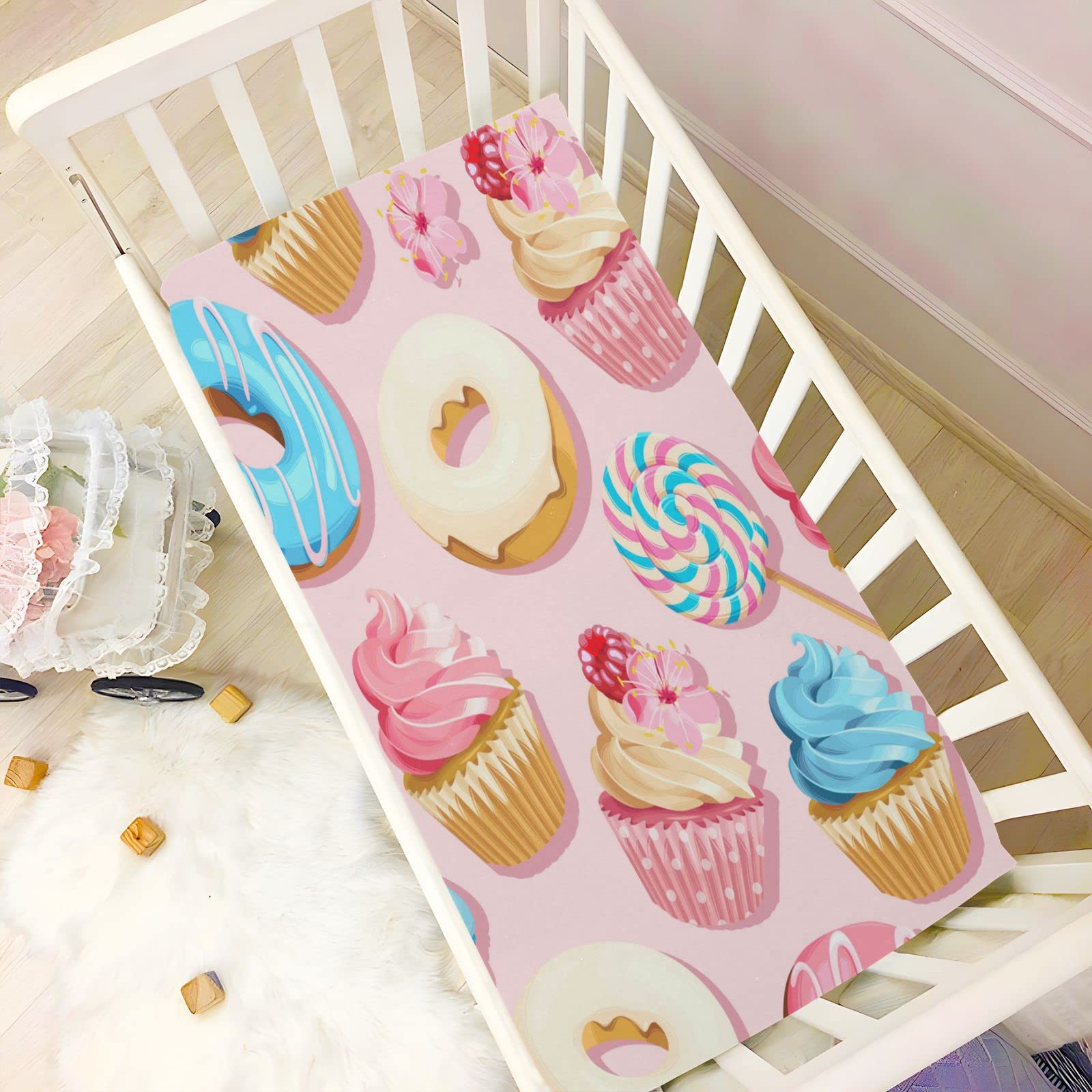 Blueangle Fitted Crib Sheet Cupcakes and Donuts Baby Sheets for Standard Crib Toddler Mattress Cover, Soft Microfiber Breathable Mattress Cover for Boys and Girls(486)