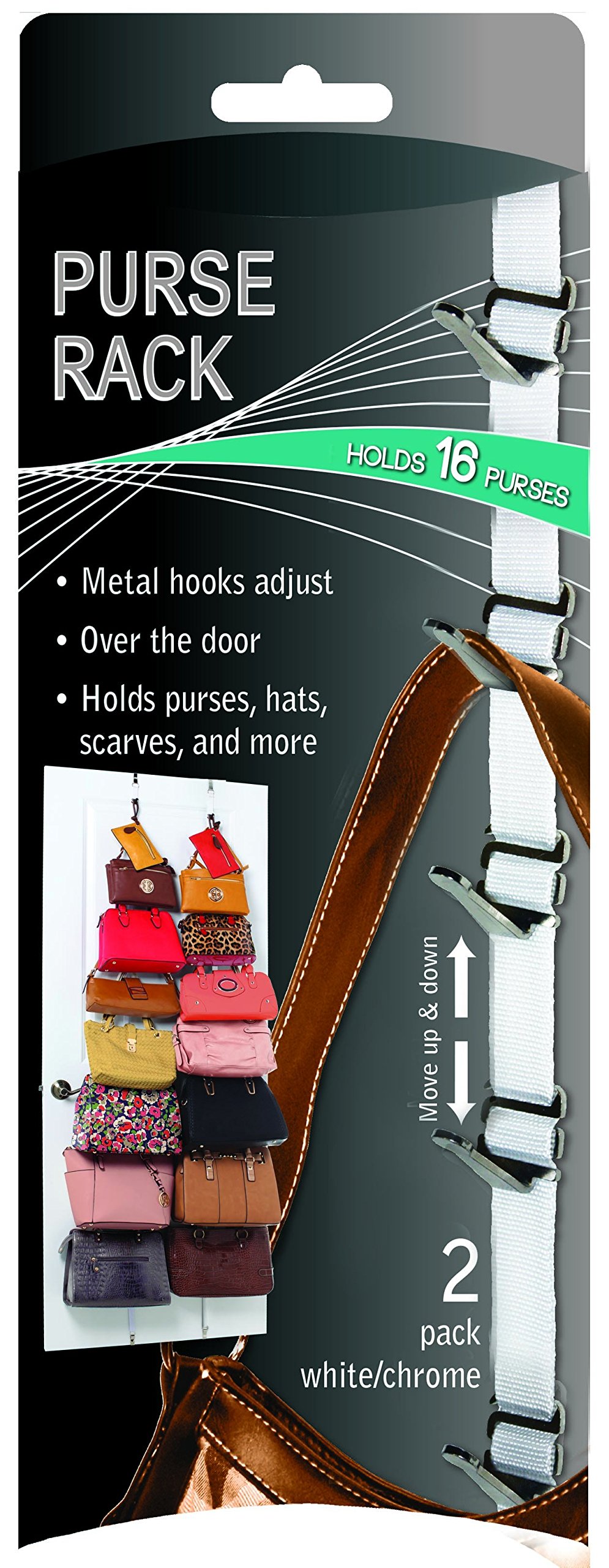 Jokari Heavy Duty Over The Door 16 Hook Purse Rack. Self Adjustable Elastic Straps with Moveable Metal Chrome Hooks to Store, Organize and Display Bags, Scarves or Hats and Save Closet Storage Space.