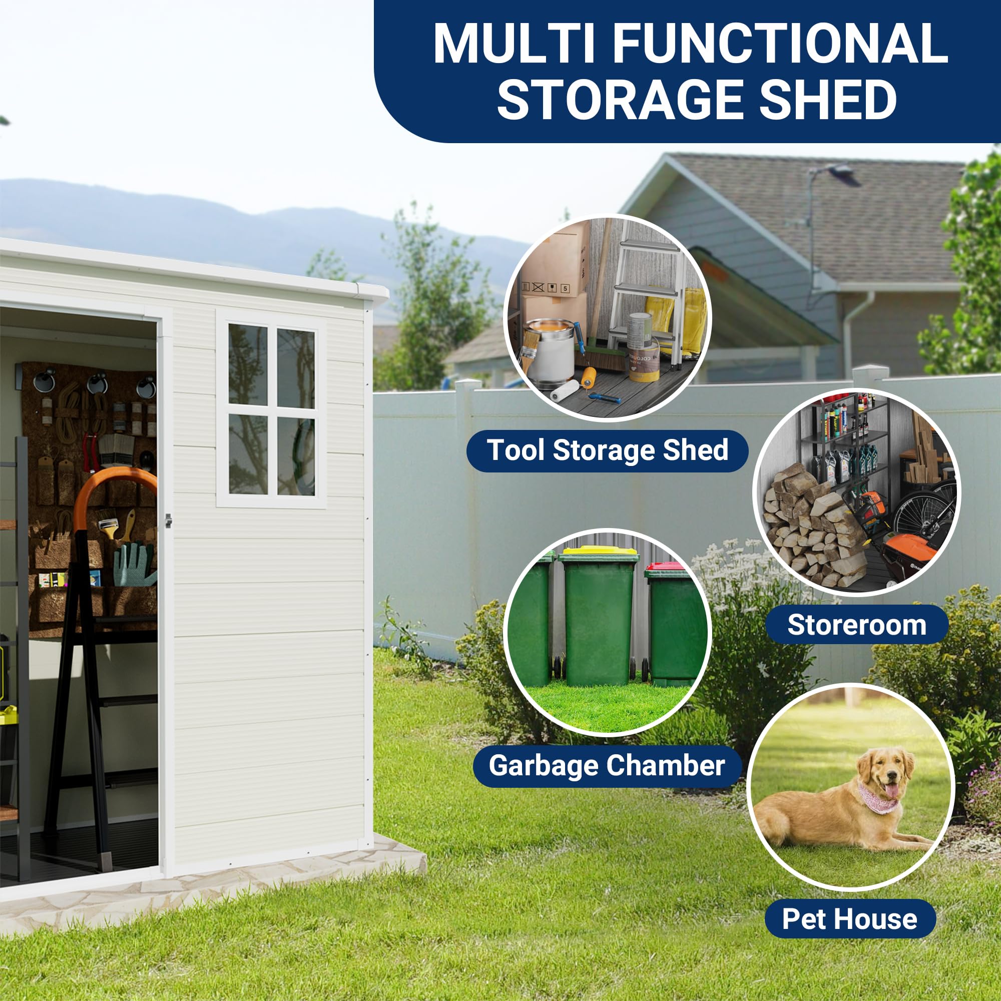 Poteban Outdoor Storage Shed, 5x3FT Resin Shed with Floor and Lockable Door for Bike, Garbage Cans,Garden Accessories, Sandstone