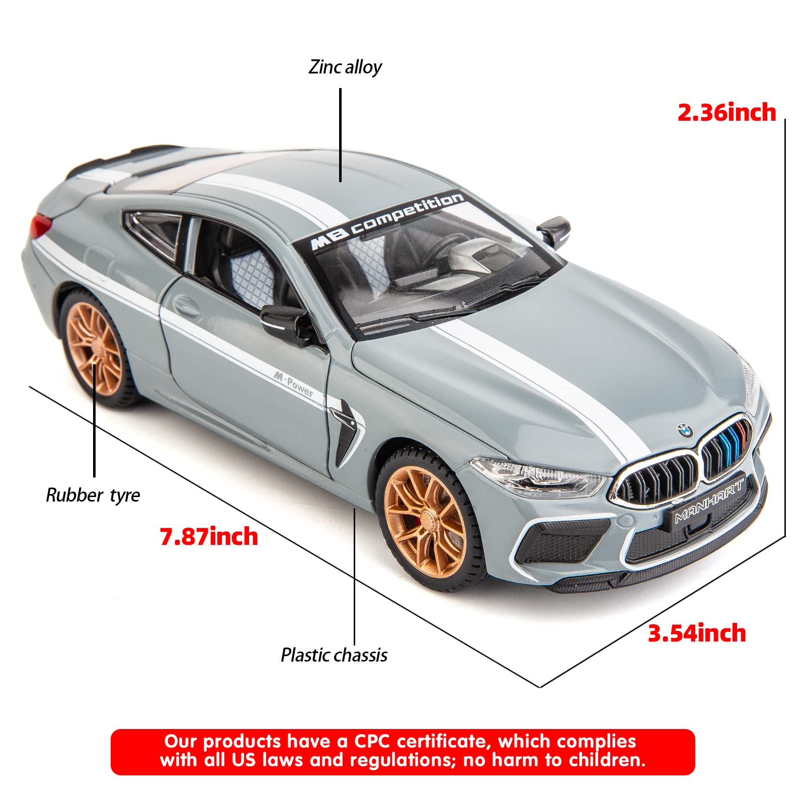 BDTCTK Compatible for 1:24 M8 Model Car, Zinc Alloy Pull Back Toy Car with Sound and Light for Kids Boy Girl Gray