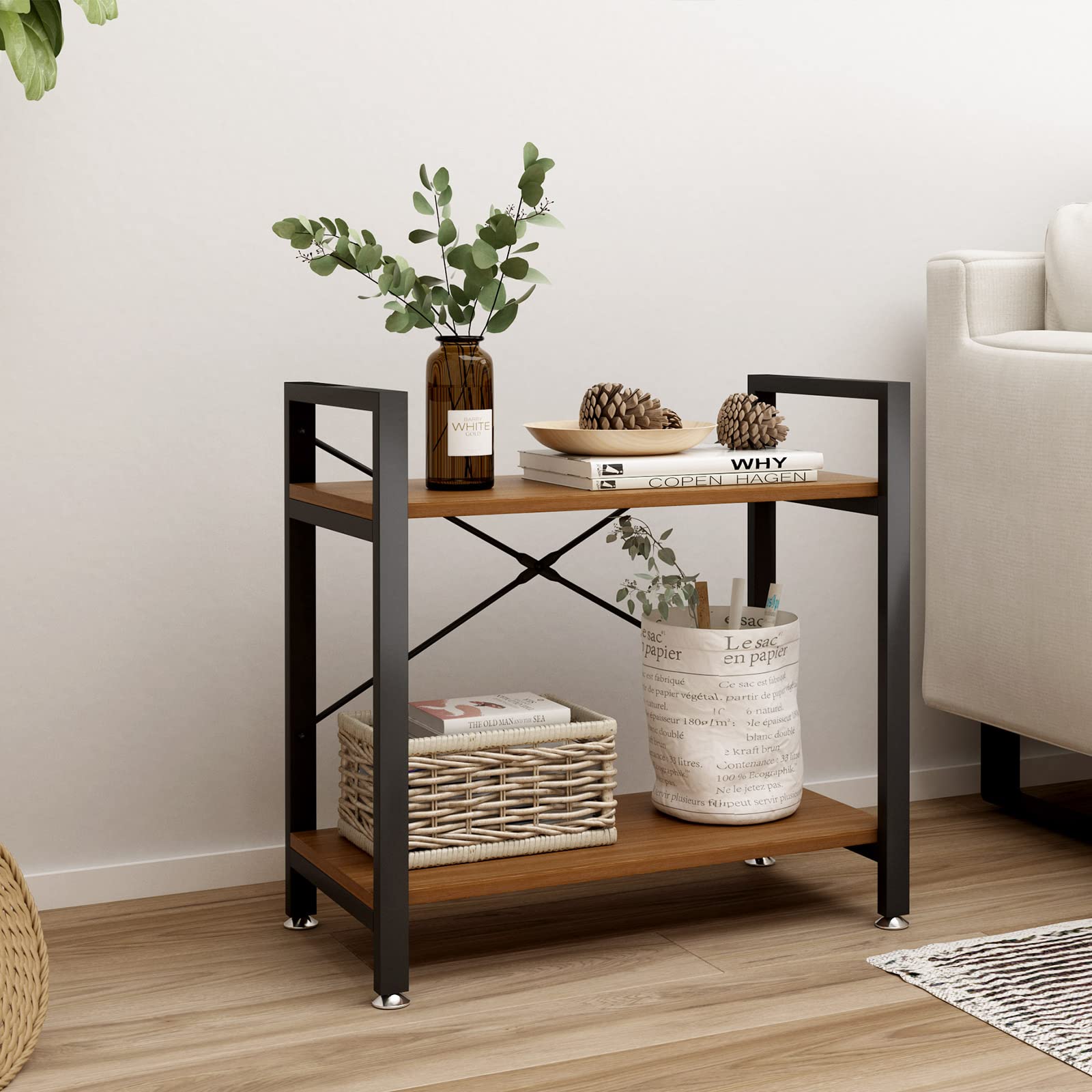 BENOSS Industrial Style Bookcases Furniture, Storage Rack Shelf for Bedroom, Living Room, Multi-Functional Shelf Units for Collection,Storage Organizer with Metal Frame (2 Tier)