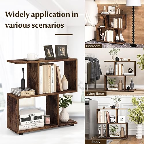 Giantex 3-Tier Geometric Bookshelf, 24" Tall Wood S-Shaped Display Shelves with Thick Foot Pads, Freestanding Open Shelves Nightstand, Floor Standing Display Shelf Bookcase, Brown