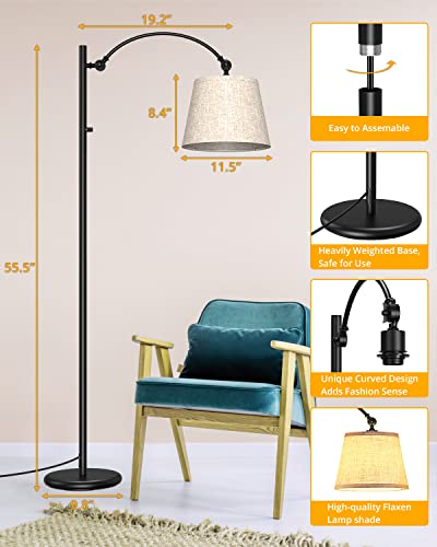 Floor Lamp for Living Room,Modern Lamp with Rotary Switch, Adjustable Tall Standing Reading Lamp with Hanging Linen Shade for Bedroom, Office, Black(3 Color Temperatures Bulb Included )
