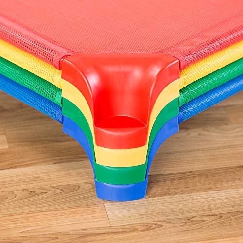 Sprogs Deluxe Heavy-Duty Childrens Standard 52"L Stackable Daycare Cot with Easy Lift Corners Cots for Preschool Kids Sleeping, Resting, and Naptime, SPG-16138-AS, Blue, Green, Red, Yellow (Pack of 4)