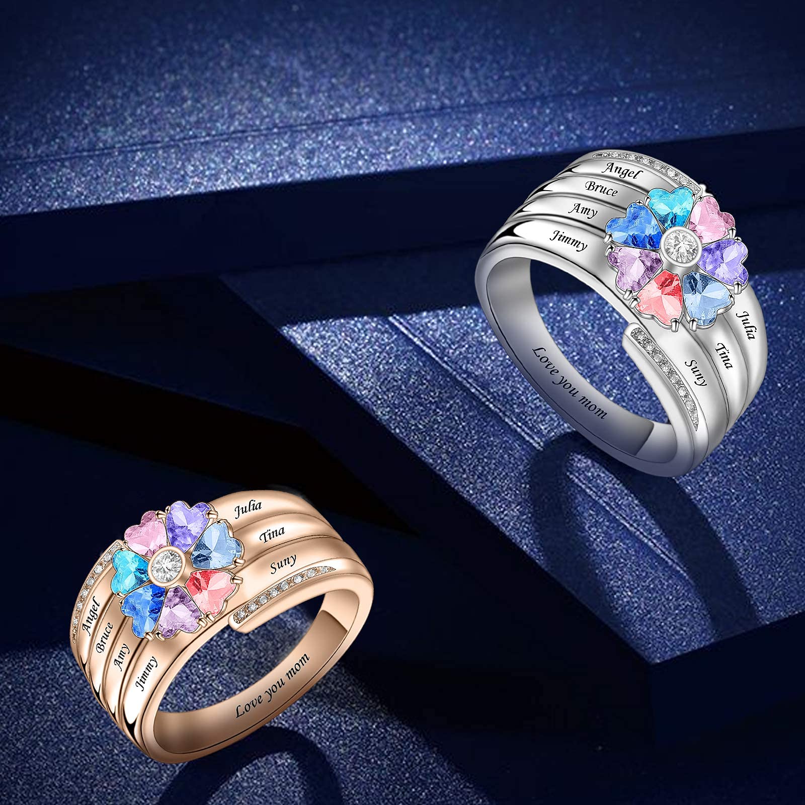 BAUMA AUTO Personalized Womens Ring with 2-8 Birthstones & Custom Names Sterling Silver Mother Ring Anniversary Rings for Mother's Day Women Grandma Wife (7 Name)