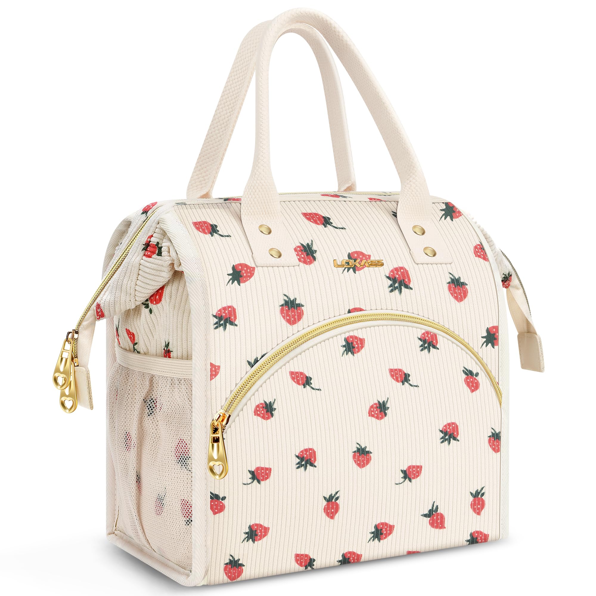 Lunch Bag Women Insulated Lunch Box Wide-Open Lunch Tote Bag Large Drinks Holder Durable Nylon Thermal Snacks Organizer for Men Adults Work Picnic Hiking Beach Fishing, Strawberry Corduroy