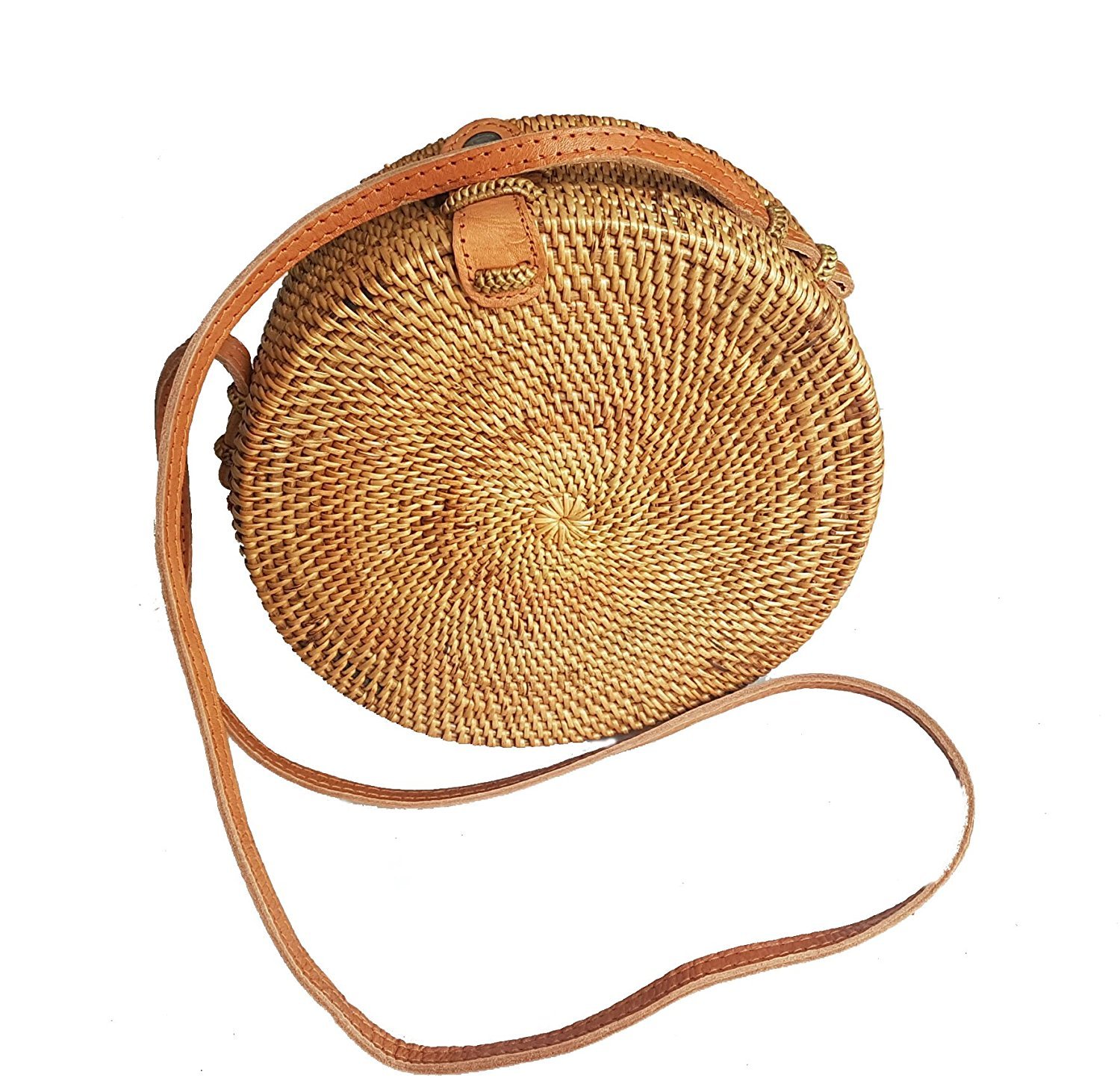 GQZ Handwoven Round Rattan Bag (Plain Weave Leather Closure), Straw Bag