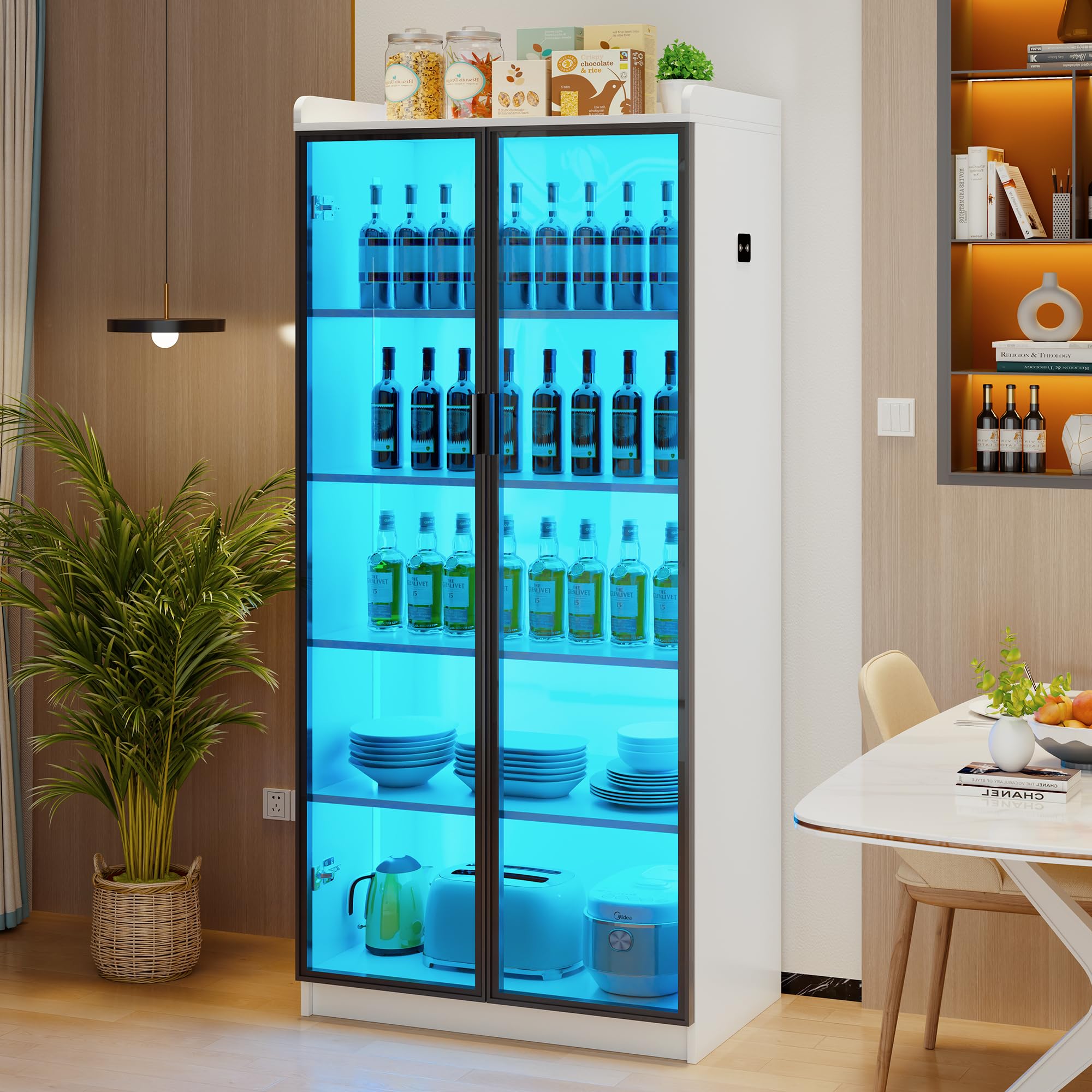Lvifur Tall Storage Cabinet up to 70", LED Kitchen Pantry Cabinet with Human Body Induction, 5 Tier Bookcase Display Cabinet with Adjustable Shelves for Living Room Office (White)