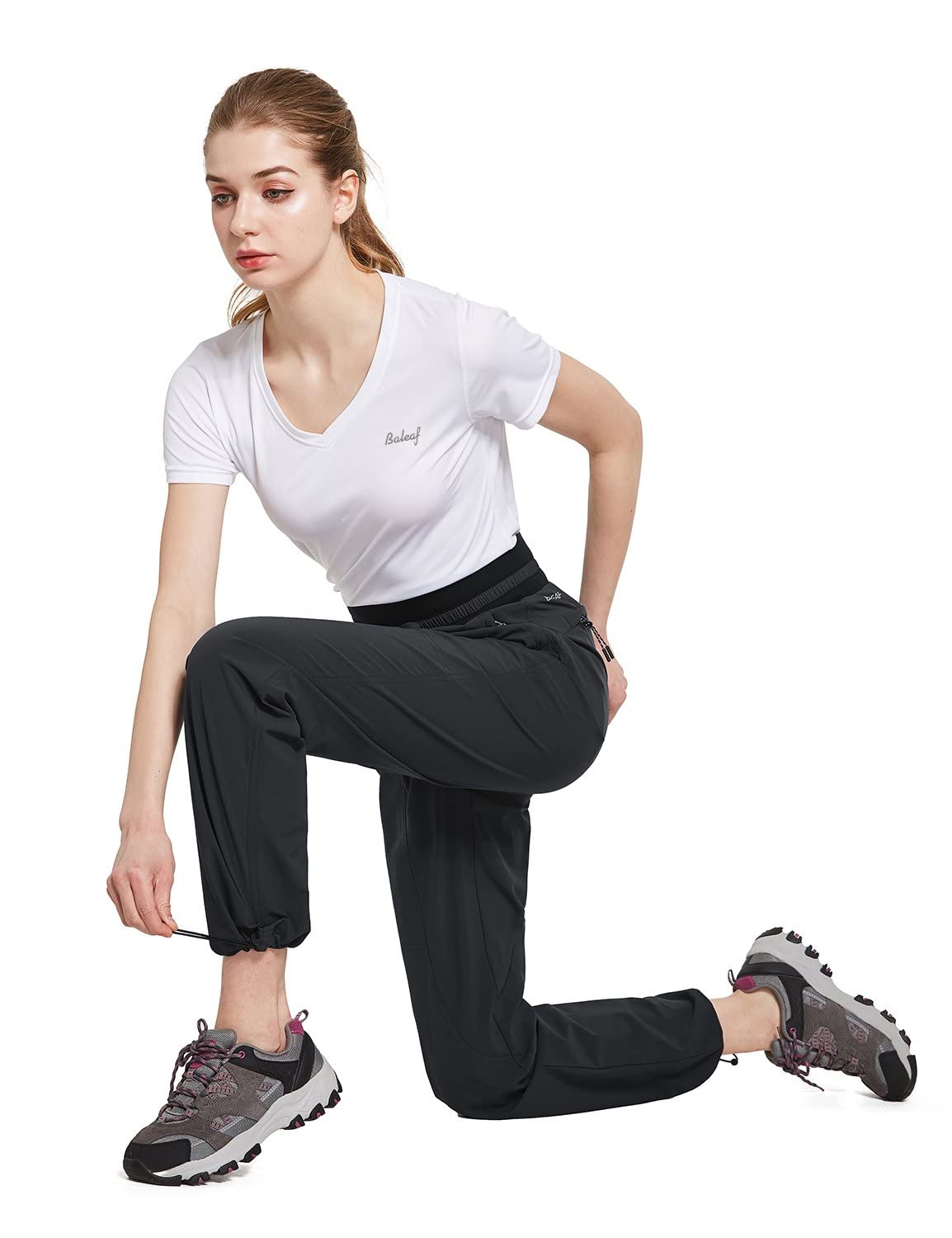BALEAF Women's Hiking Pants Capris Elastic Waist Lightweight UPF 50+ Quick Dry with Zipper Pockets Fishing Camping Jogging Black S