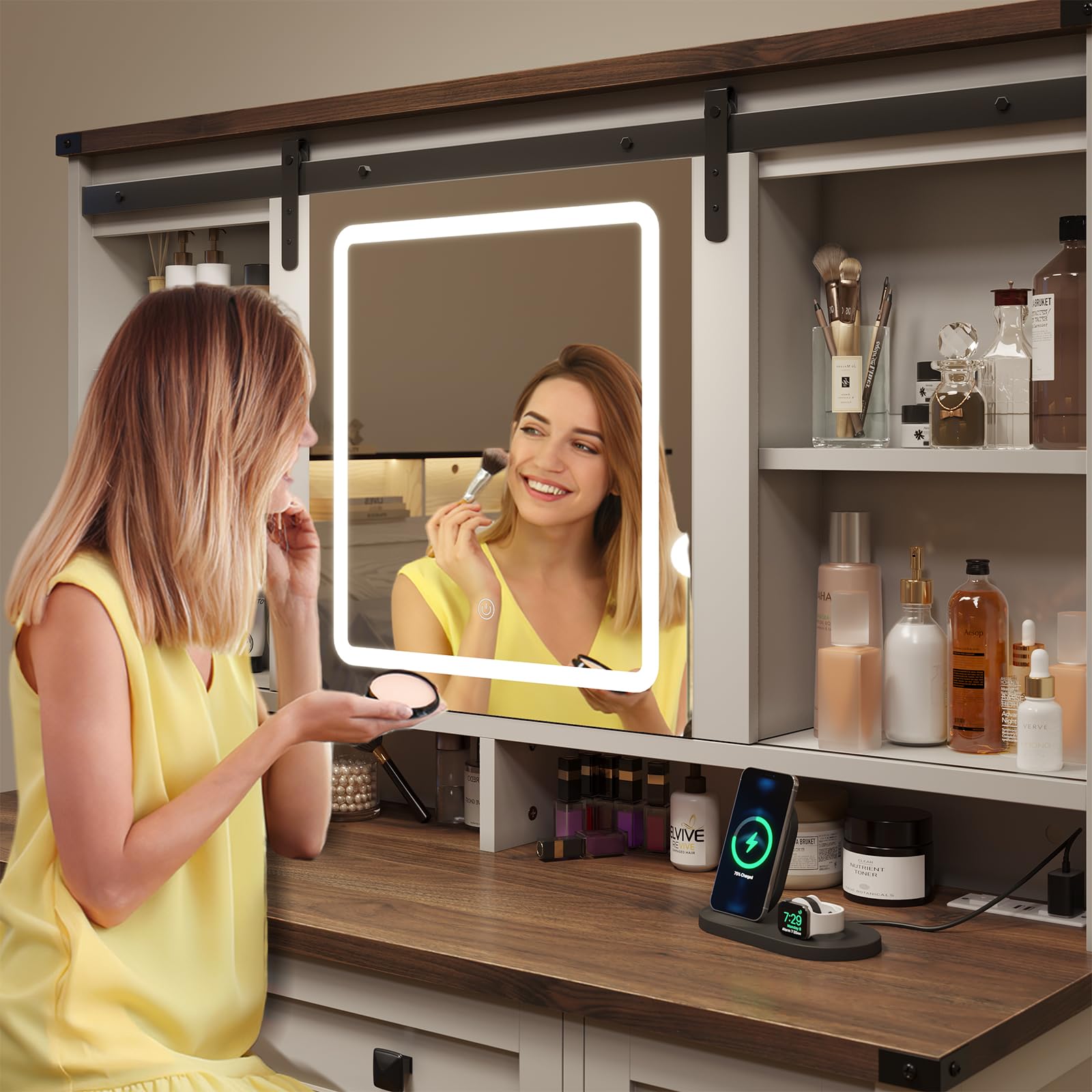 DICTAC Farmhouse Makeup Vanity Desk with Sliding Mirror and Lights Vanity Table with Charging Station,5 Drawers and 2 Cabinets Rustic Vanity Set for Bedroom with Hidden & Open Shelves,White+Walnut