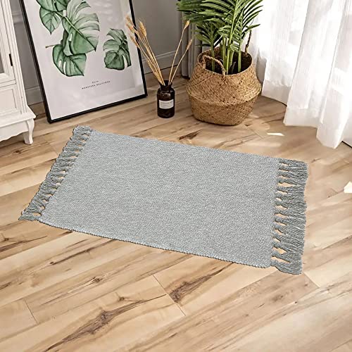 JE JOUE Boho Bathroom Rug 2'x3' Grey,Hand Woven Tassel Solid Color Area Rug, Washable Bedroom Runner mat for Laundry Kitchen Outdoor Bathroom Dorm entryway