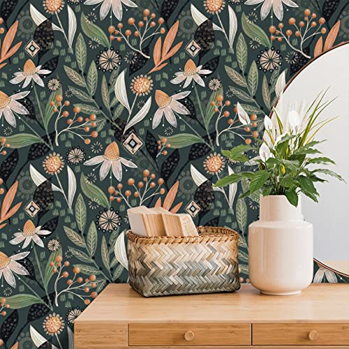 Floralplus Boho Peel and Stick Wallpaper Removable Boho Wallpaper Peel and Stick Floral Botanical Wallpaper for Bedroom Cabinet Wall Office Decor 118 * 17.7in