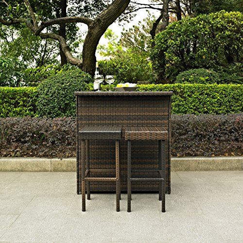 Crosley Furniture Palm Harbor 3-Piece Wicker Outdoor Bar Set with Two Stools for Backyard, Patio, Deck, Balcony, Brown