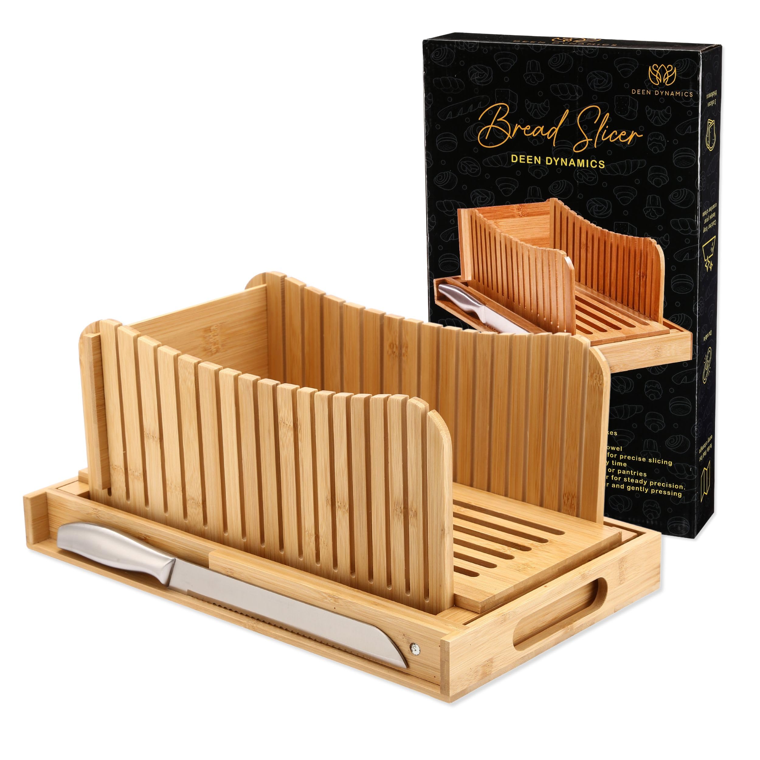 Deen Dynamics Premium Bamboo Bread Slicer for Homemade Bread, Bread Slicer with 3 Slice Thickness, Foldable bread slicer with Stainless steel knife and Compact Chopping Cutting Guide with Crumb Tray