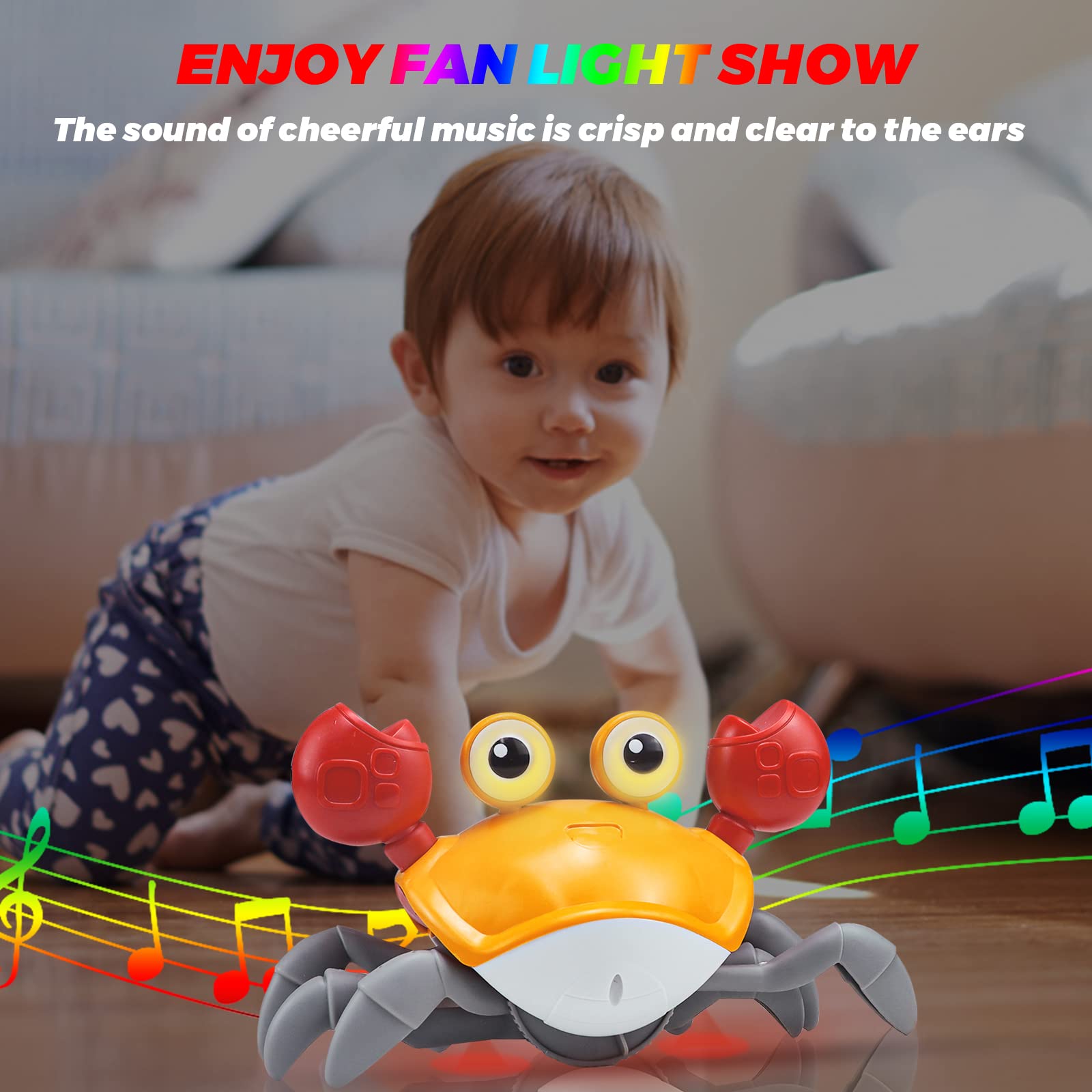 Befocus Baby Crawling Crab Toy with Music and LED Light for Kids Toddles, Crab Toys with Automatic Induction and Obstacle Avoidance Function, USB Rechargeable Fun Moving Toys for Boys Girls (Yellow)