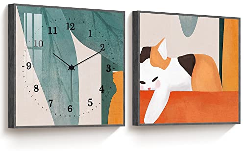 FULL HOUSE Wall Clock Silent Non Ticking Battery Operated, 12''x12'' Modern Minimalist Clock Wall Art, Crystal Porcelain Square Clock for Bedroom Living Room Office Home, 2pcs