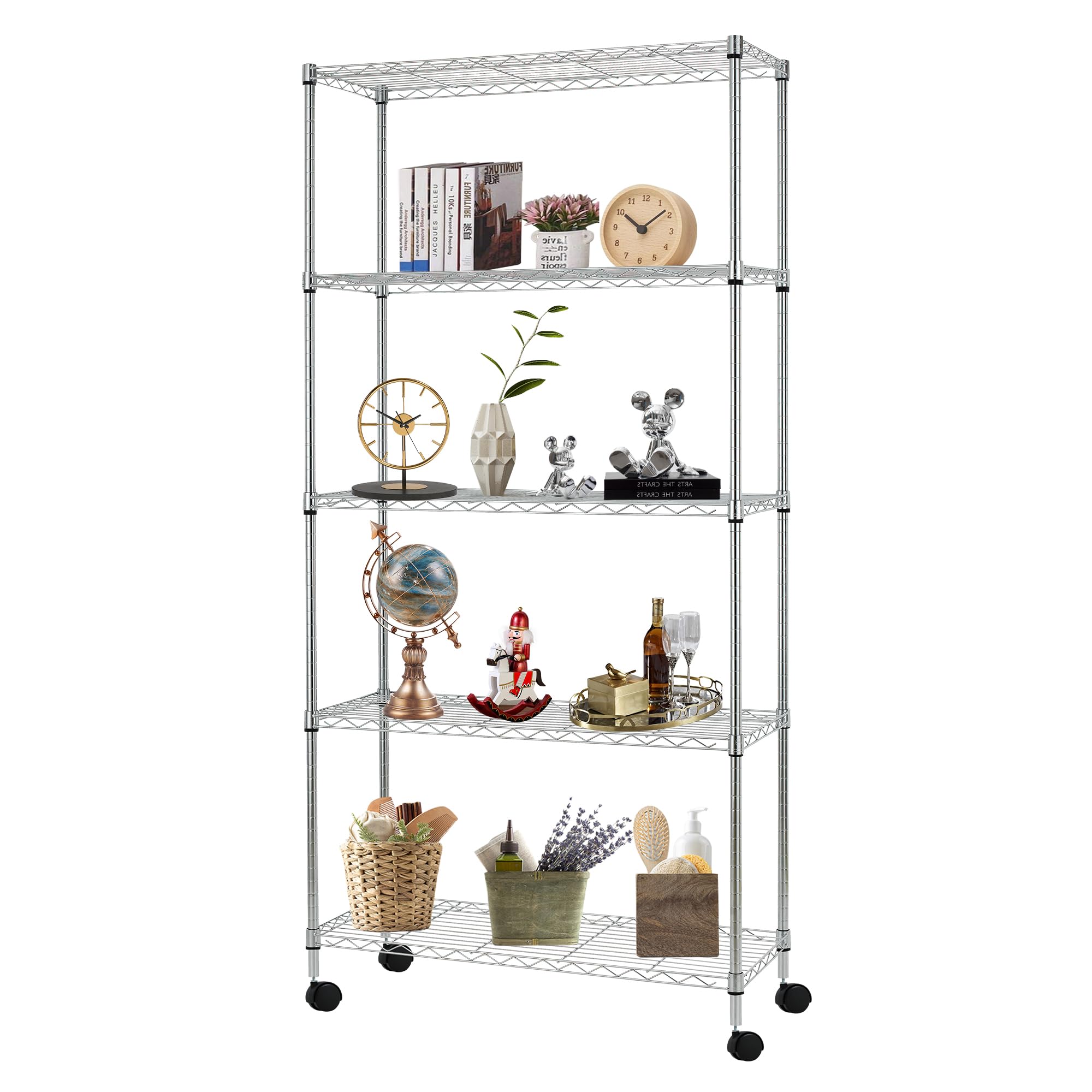 FDW Storage Shelves Adjustable Storage Rack Wire Shelf with Wheels Outstanding Load Metal 5 Tier Shelves Shelf Storage Solution for Small Spaces Multifunctional Easy Assembly,Chrome