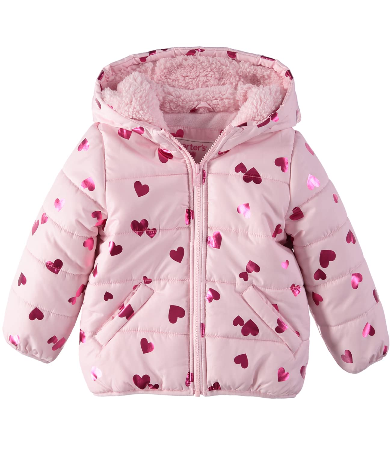 Carter's Girls' Fleece Lined Puffer Jacket Coat, Pink Foil Hearts, 24 Months