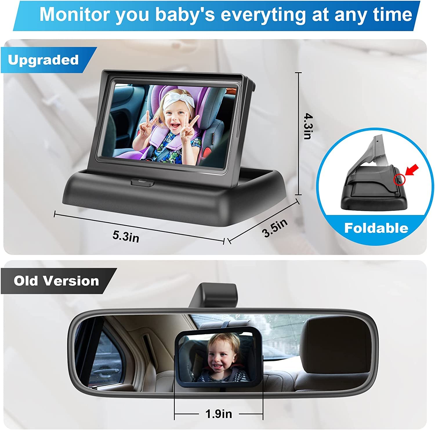 CarThree Baby Car Mirror, 4.3Inch HD Night Vision Car Mirror Display, Safety Car Seat Mirror Camera Monitored Mirror with Wide Crystal Clear View, Easily Observe Baby's Every Movement While Driving