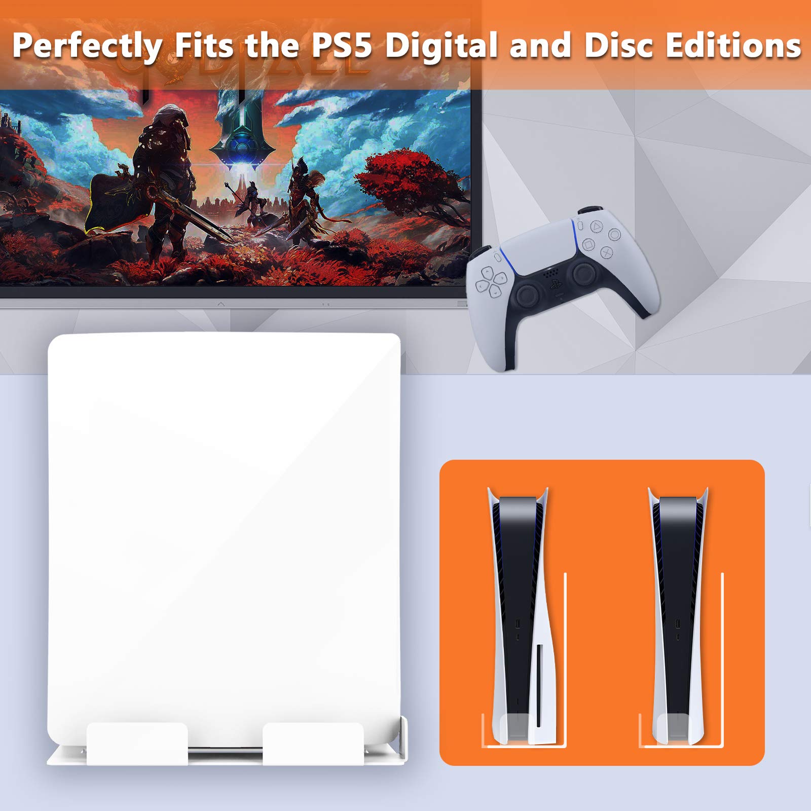 BEJOY Wall Mount for Playstation 5, Wall Mount Bracket Set with Screwdriver & Screws, Sturdy Metal Wall Hanging Holder Stand for PS5 Gaming Console Disk & Digital Edition (White)