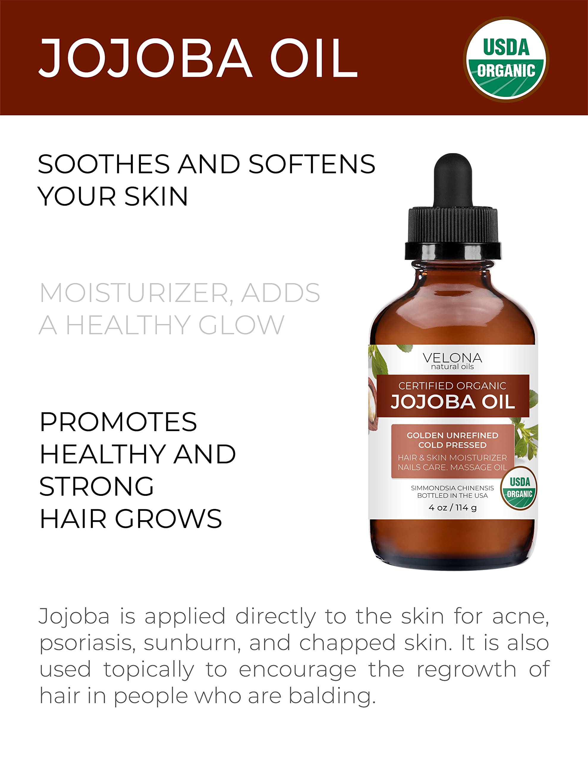 velona Jojoba Oil USDA Certified Organic - 4 fl oz (With Dropper) | Golden, Unrefined, Cold Pressed | Hexane Free