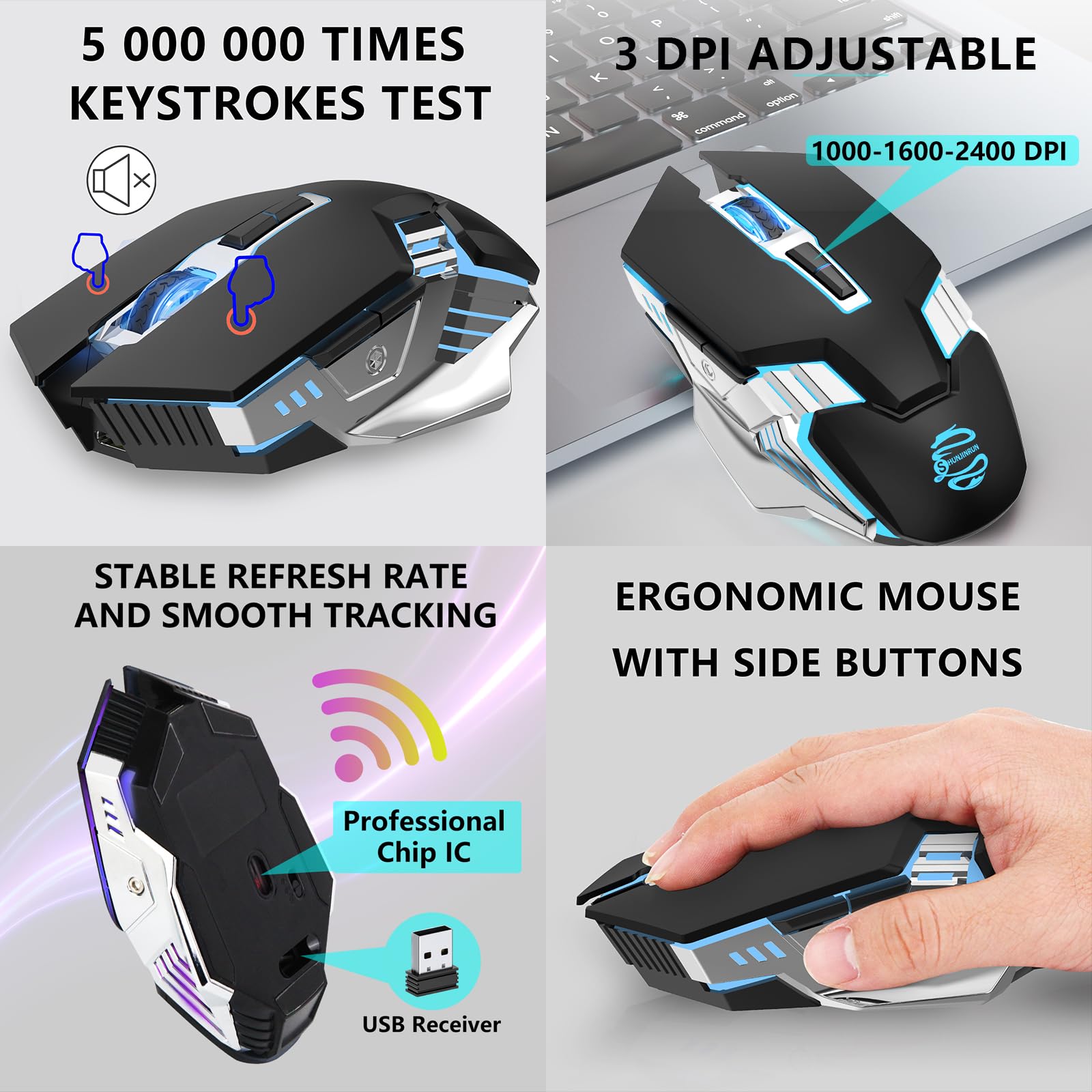 Bluetooth Mouse, Rechargeable Wireless Gaming Mouse, 3 Modes(BT5.0+BT3.0+USB), 7 Color RGB Mouse Ergonomic Computer Mice with 3 Adjustable DPI Levels, for PC Laptop Mac Chromebook Tablet - White