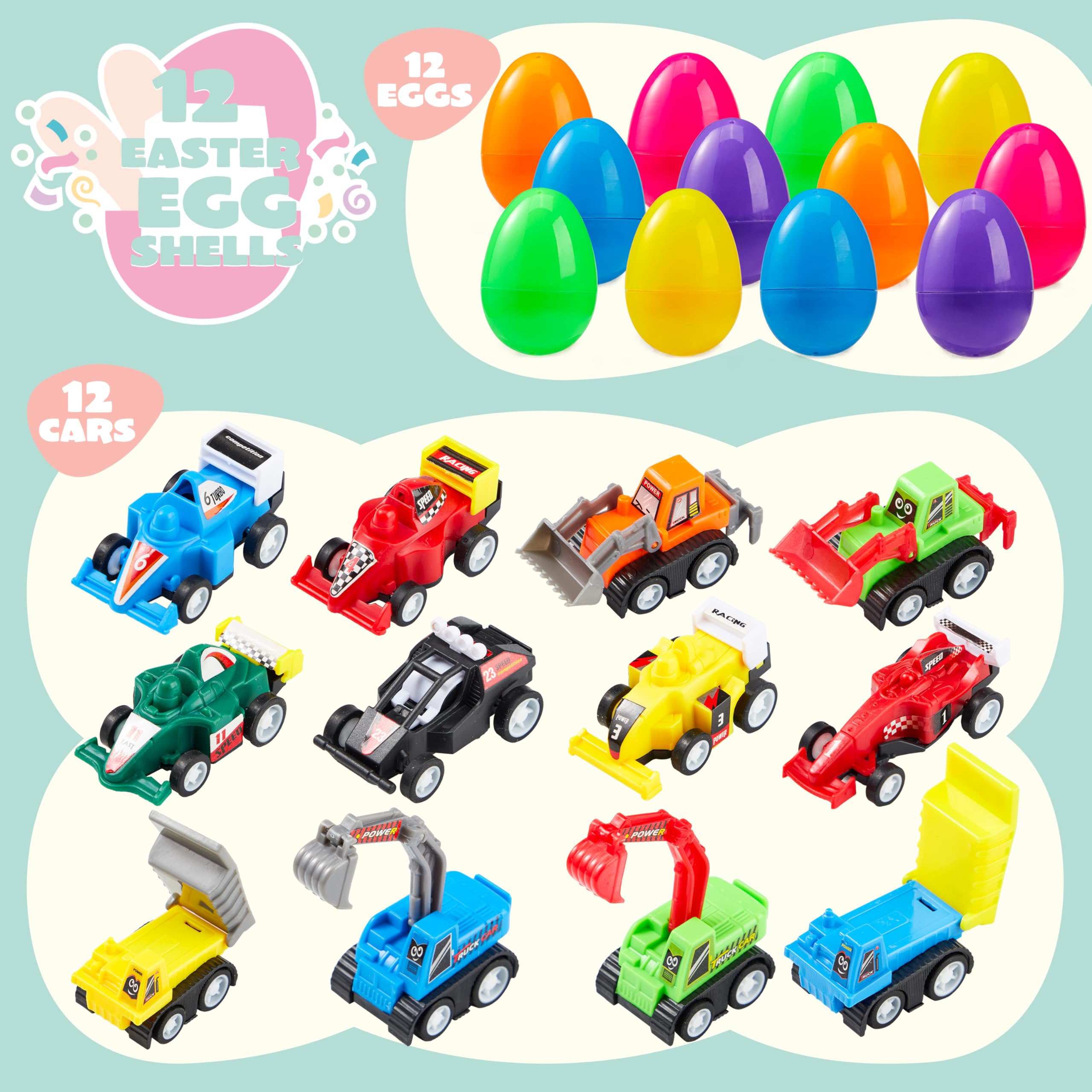 JOYIN 12 Pcs Filled Easter Eggs with Toy Cars, Colorful Prefilled Pull Back Construction Vehicle and Race Car for Kids Boys Hunt, Basket Stuffers, Party Favors