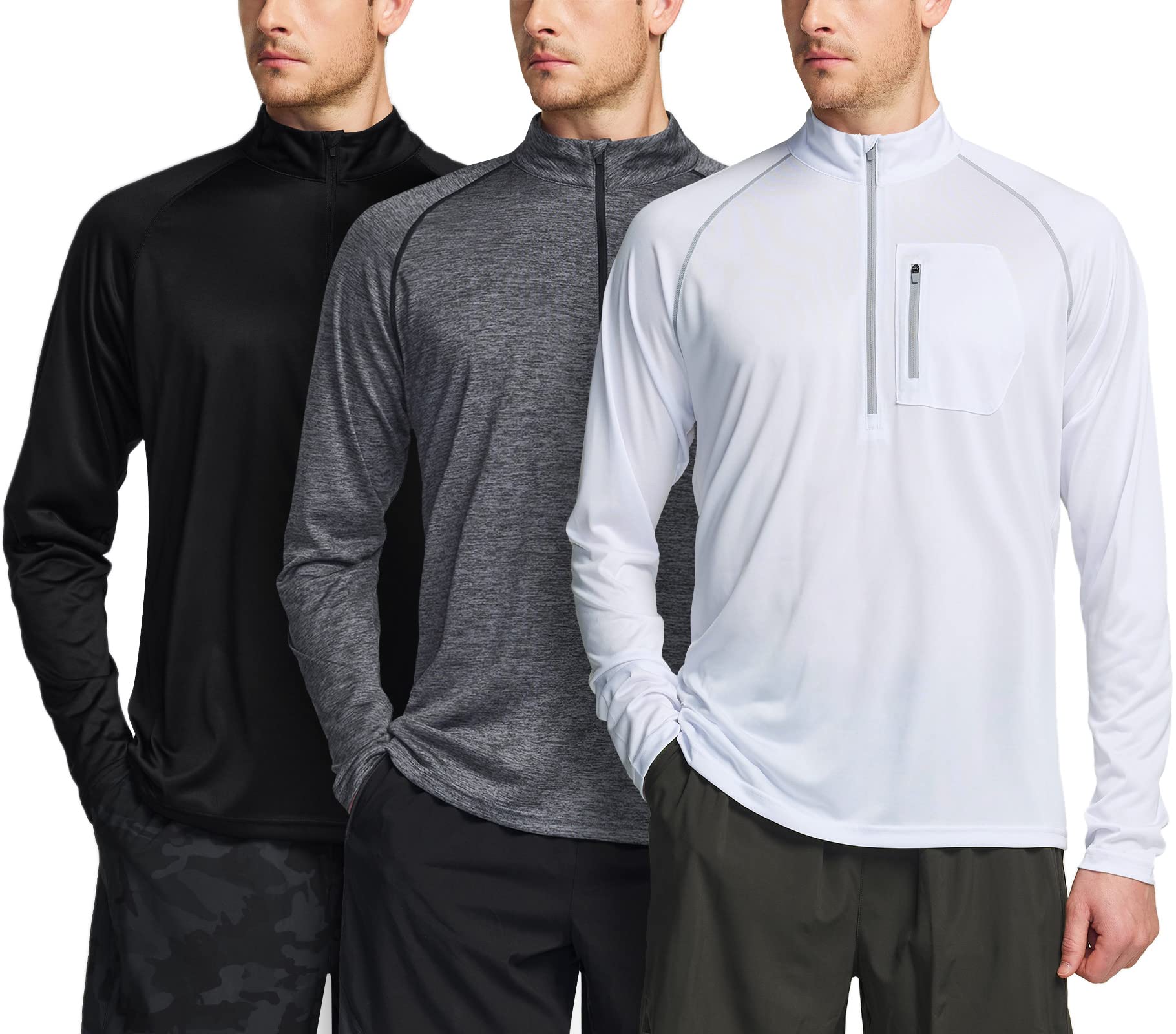 ATHLIO Men's Long Sleeve Athletic Shirts - Quick Dry, UV Sun Protection, 1/4 Zip Pullover Running Tops, 3-Pack Black/Carbon Grey/White, Large