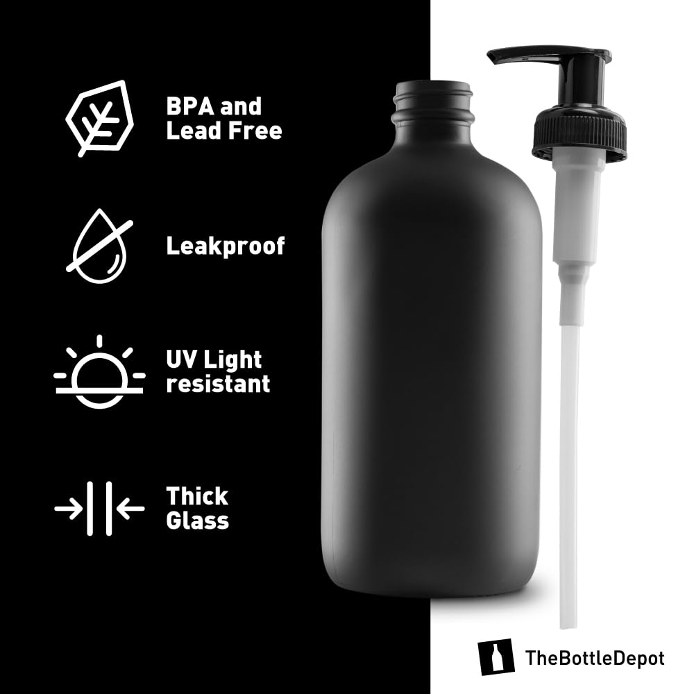 The Bottle Depot - 6 Pack - 16 oz Glass Bottle with Black Lotion Pump - Black Frosted - 28-400 Neck Finish - Boston Round Bottles - UV Rays Protection
