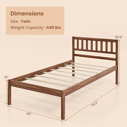 Giantex Wood Twin Bed Frame with Headboard, Mid Century Platform Bed with Wood Slat Support, Solid Wood Foundation, 12 Inch Height for Under Bed Storage, Easy Assemble, Walnut