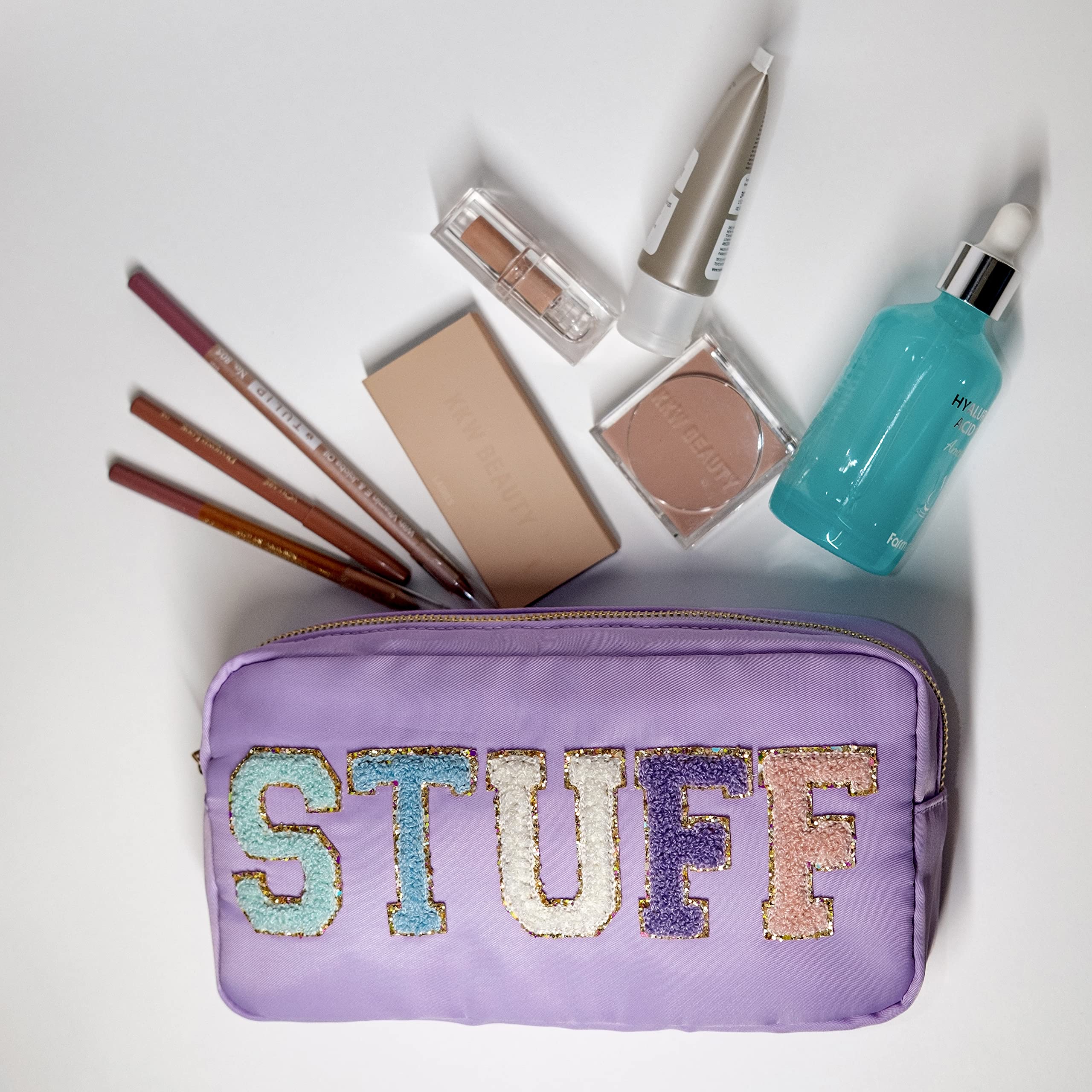 Chenille letter stuff bag, Nylon Cosmetic Bag, Preppy makeup bag, Preppy patch bag, Cosmetic pouch for women, Purple