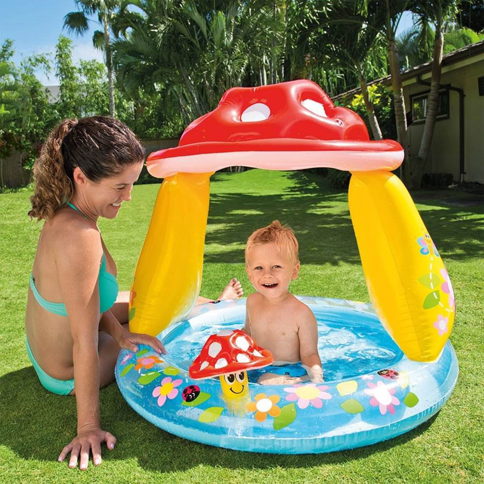 INTEX 57114EP Mushroom Baby Pool: Built-In Mushroom Shade β Soft Inflatable Floor β Durable Vinyl β Ages 1-3 β 40" x 35"