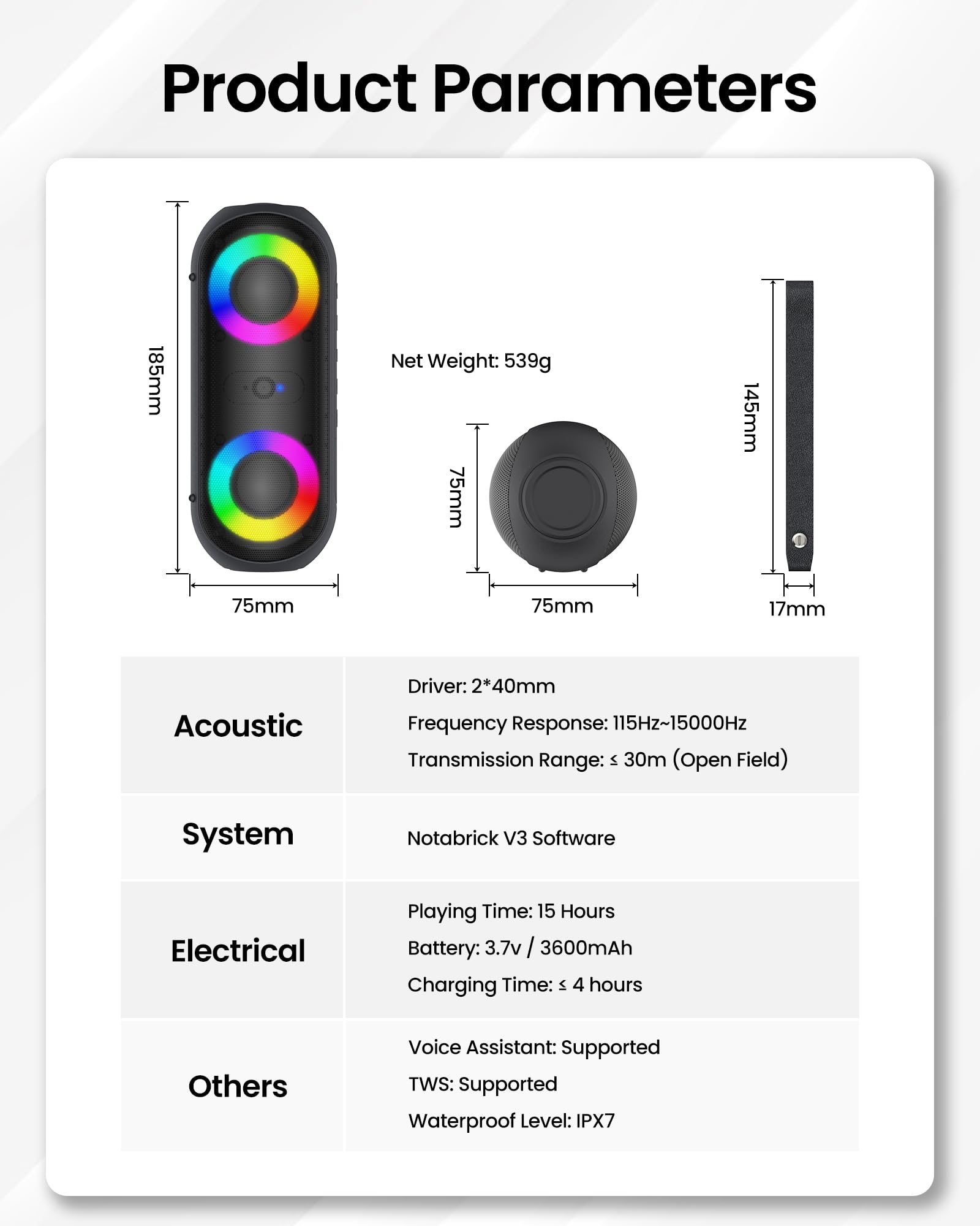 Bluetooth Speakers with Light, 30W Portable Bluetooth Wireless(100FT Range) Loud Stereo Sound, IPX7 Waterproof Shower Speakers, RGB Multi-Colors Rhythm Lights, 1000mins Playtime for Indoor&Outdoo