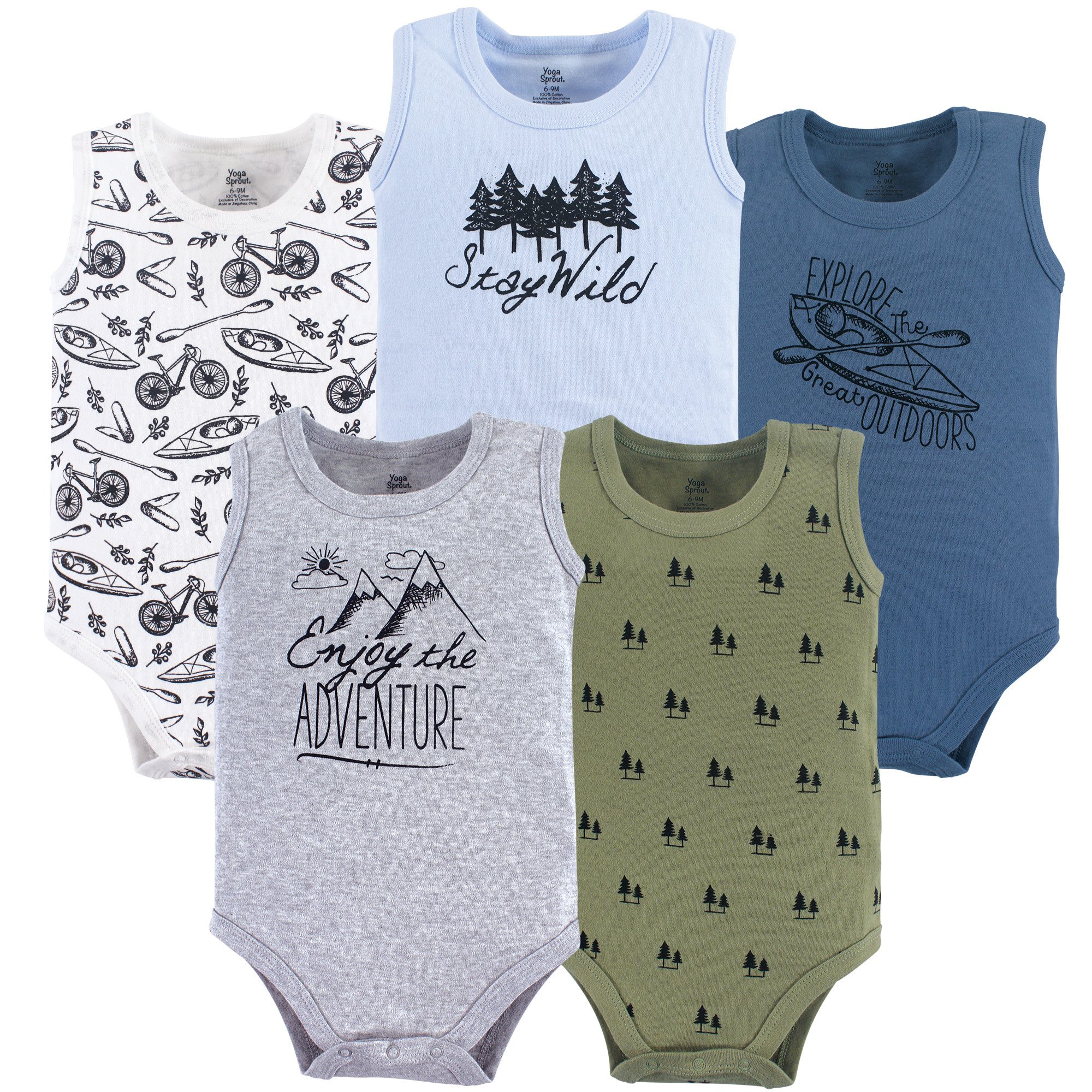 Yoga Sprout Cotton Bodysuit, 5 Pack, Adventure, 0-3 Months