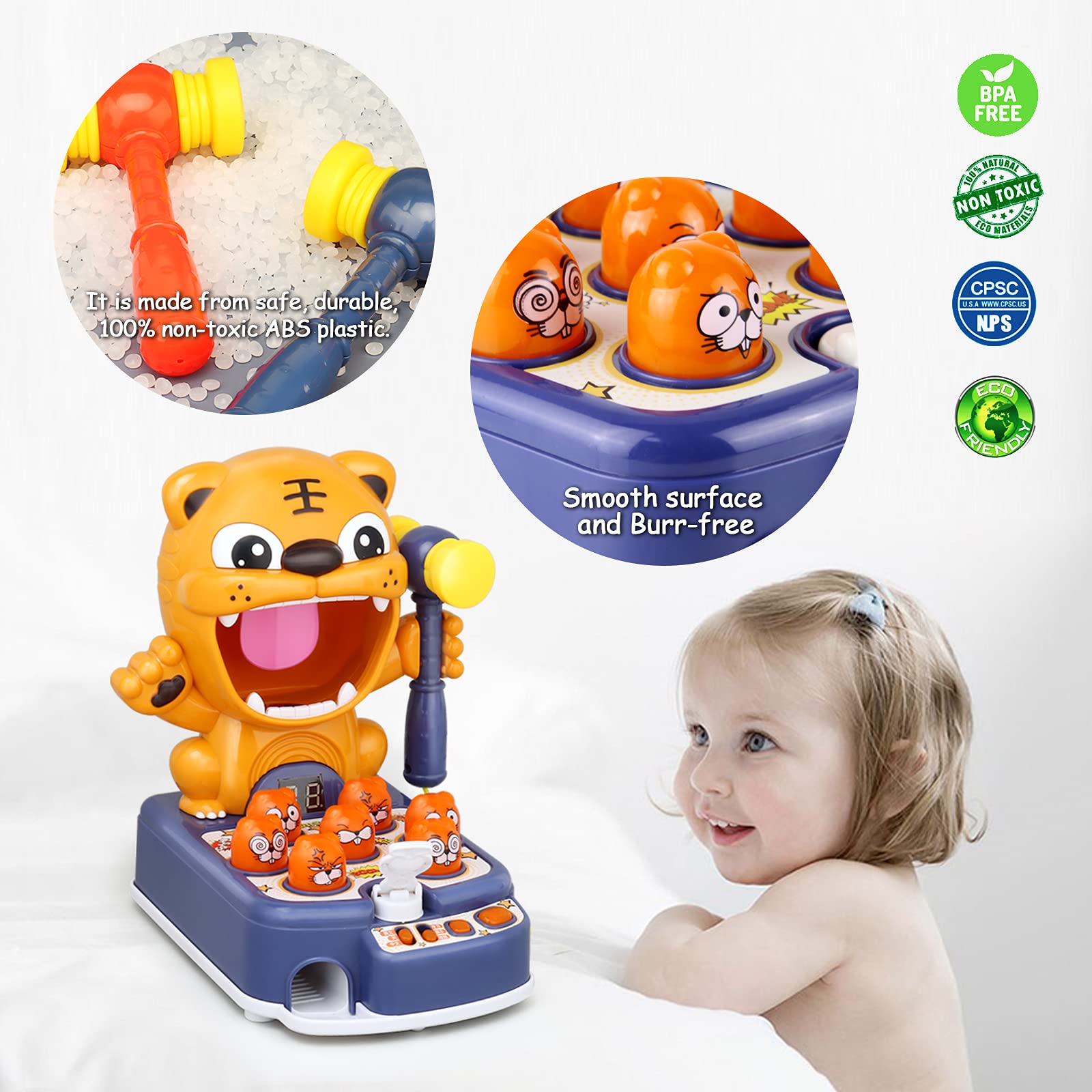 KooQii Whack A Mole Game Toddler Toys with Toy Gun and 2 Hammers Interactive Game for Hammering & Pounding,Target Shooting Early Developmental Fun Gift for 2-3 4 5 6 7 8 Year Old Boys and Girls