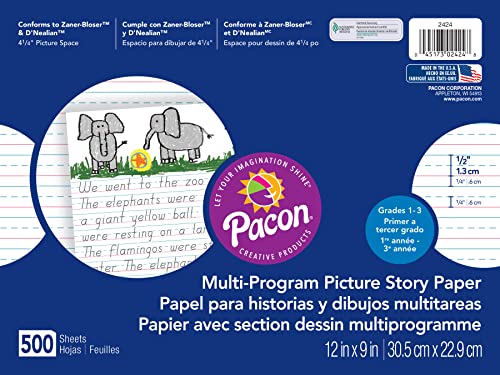 Pacon Multi-Program Picture Story Paper, 12"X9", D'Nealian (1, 2 & 3) and Zaner-Bloser (2&3), 500 Sheets, White