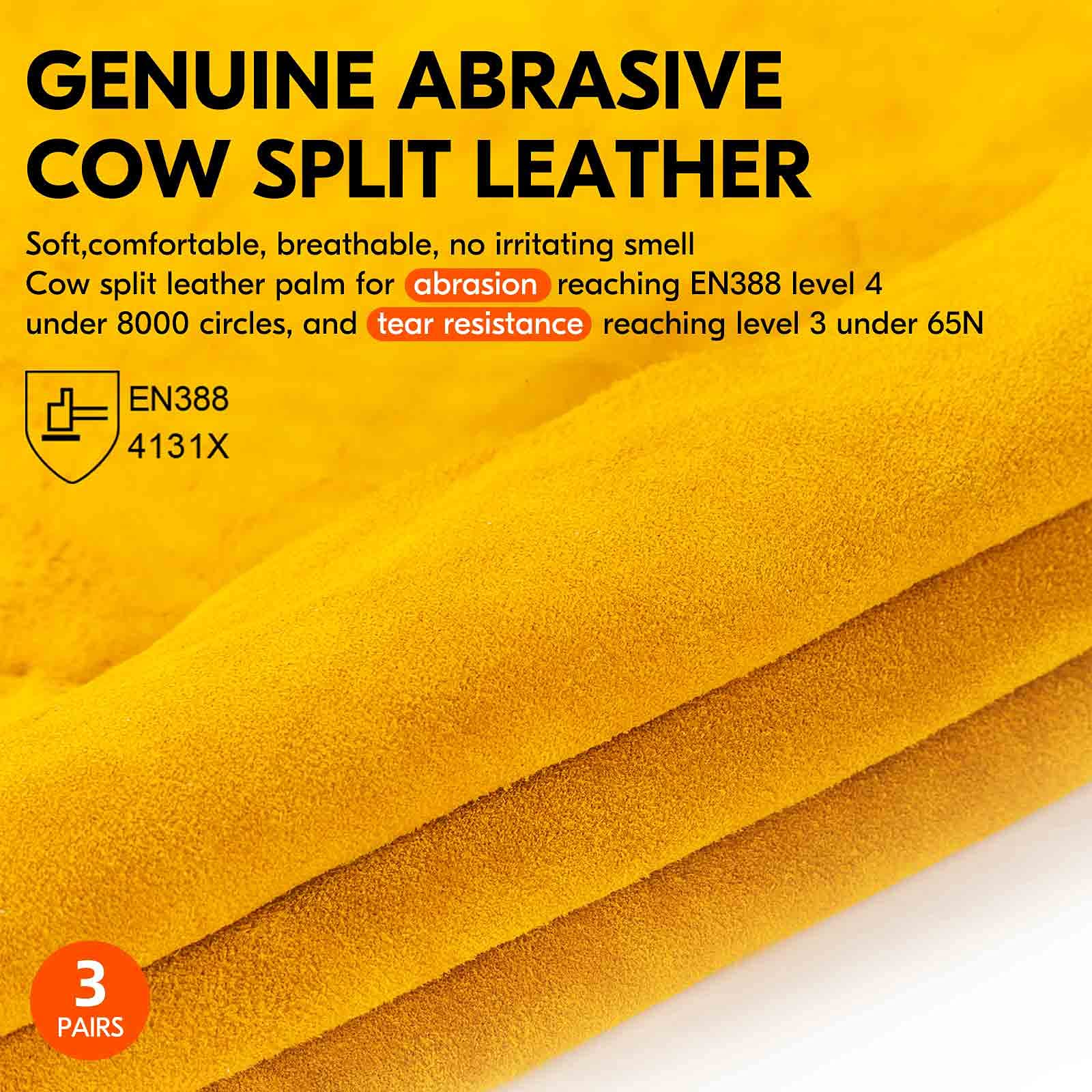 Vgo... 3-Pairs Unlined Cowhide Split Leather Work and Driver Gloves, for Heavy Duty, Truck Driving, Warehouse, Gardening, Farm (Size L, Gold, CB9501)