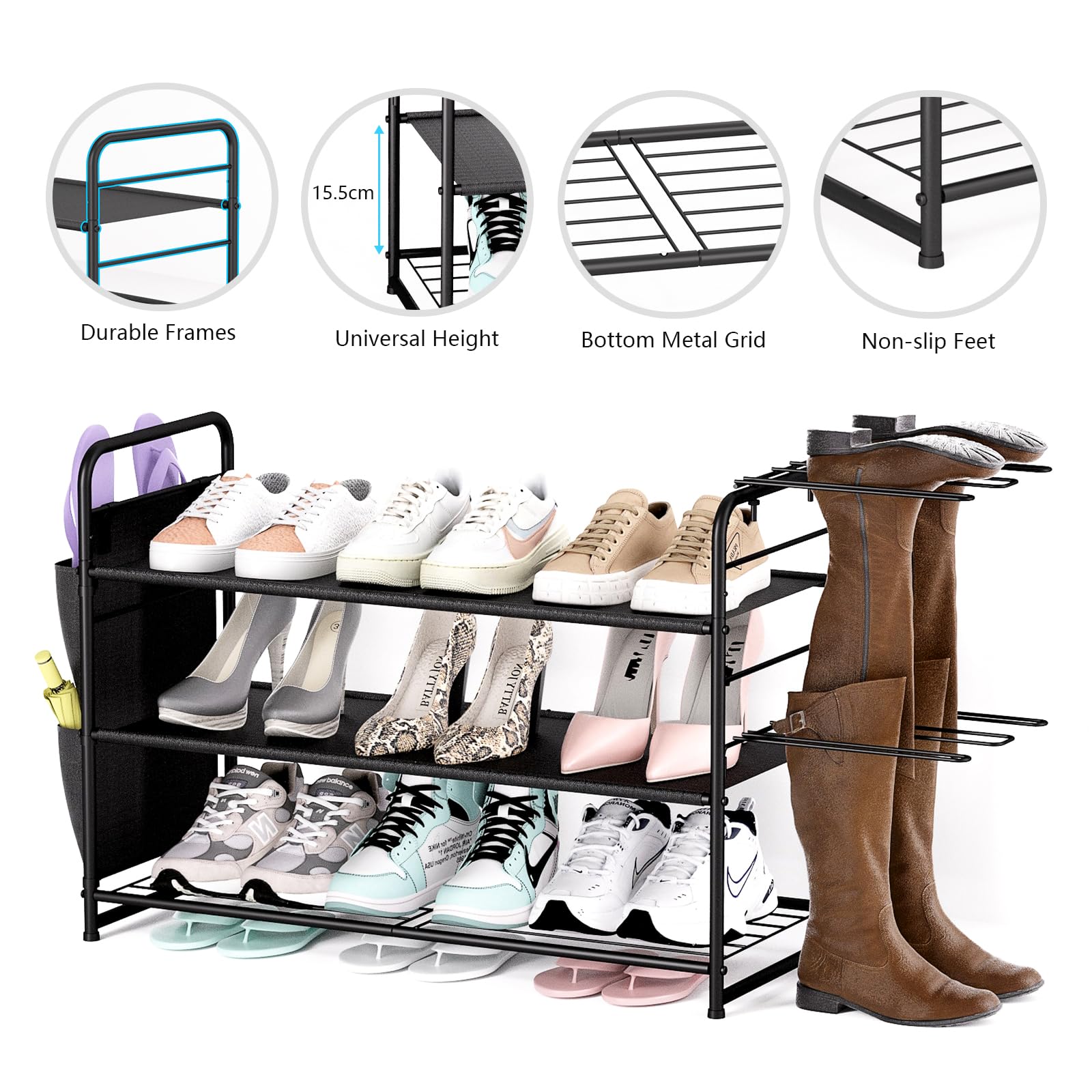 CLESOO Shoe Rack Storage Organizer 3-Tier Freestanding Metal Shoe Rack, Stackable Combination Shoe Rack with Side Pockets and Boot Organizer Rack Suitable for Entrances, Corridors, Garages