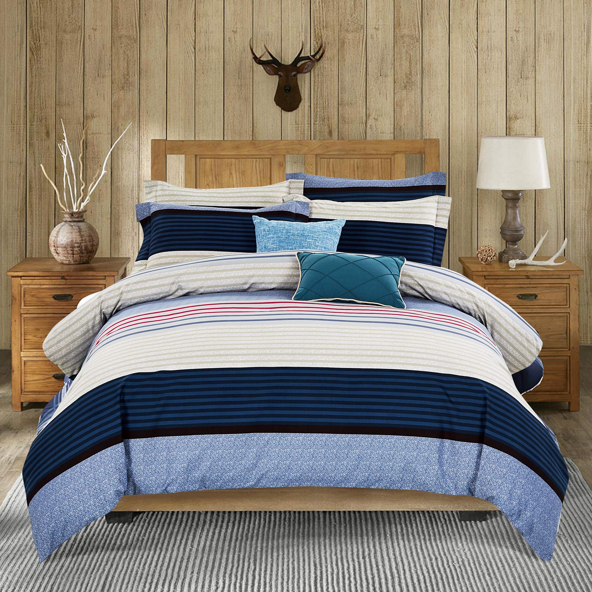 DelbouTree Striped Duvet Cover Set,Printed Pattern Comforter Cover,Microfiber Quilt Cover,Zipper Closure,Corner Ties,Queen