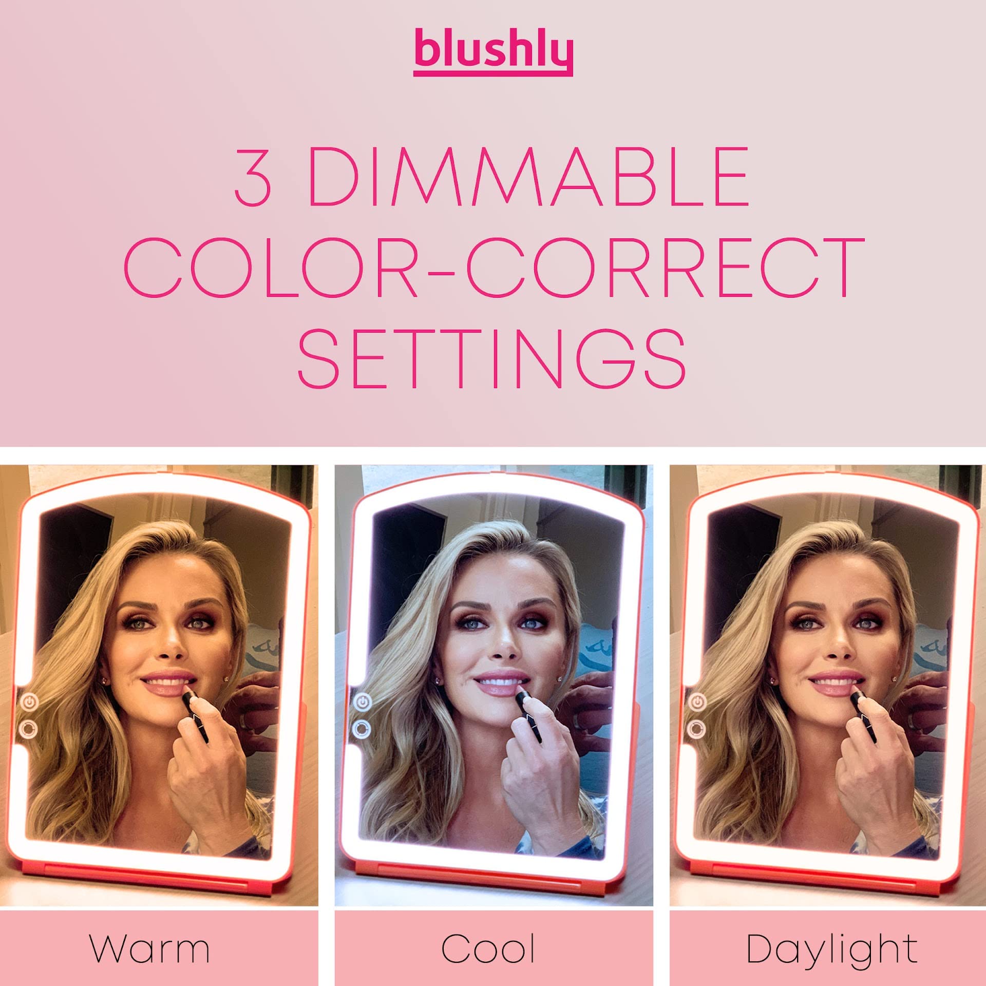 BLUSHLY Super Slim LED Lighted Folding Mirror, Rechargeable Portable Vanity Mirror with Lights, 72 Bright LED Cool, Warm, Daylight Settings - 7.5 x 10.6 inches